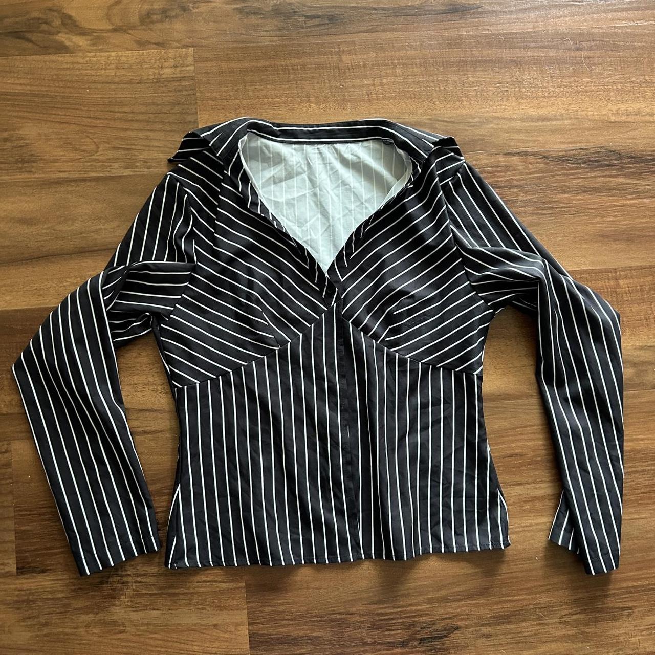 Office siren black and white pinstripe button-up... | Depop