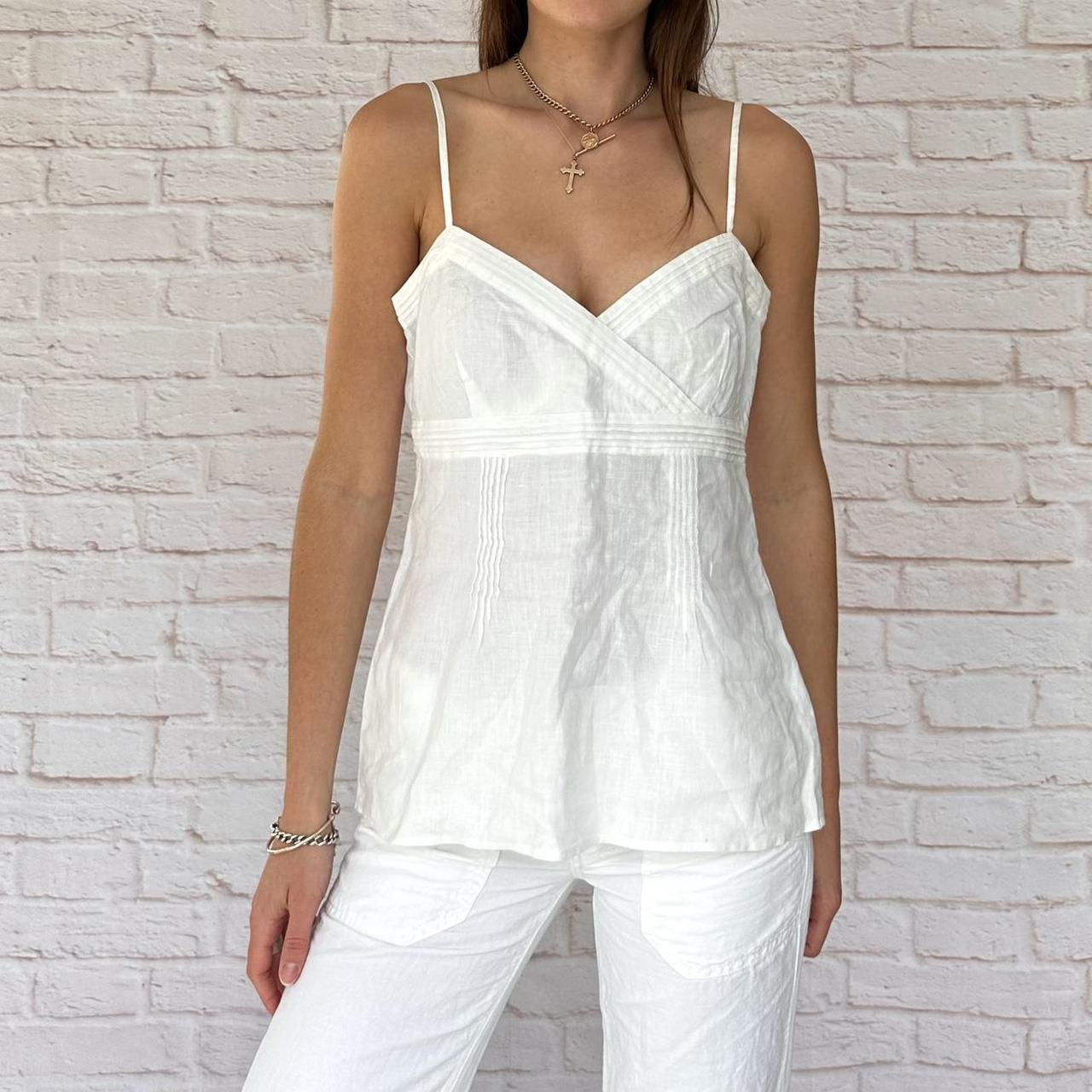 Cami top White linen v neck strappy top. 00s Oasis,... - Depop