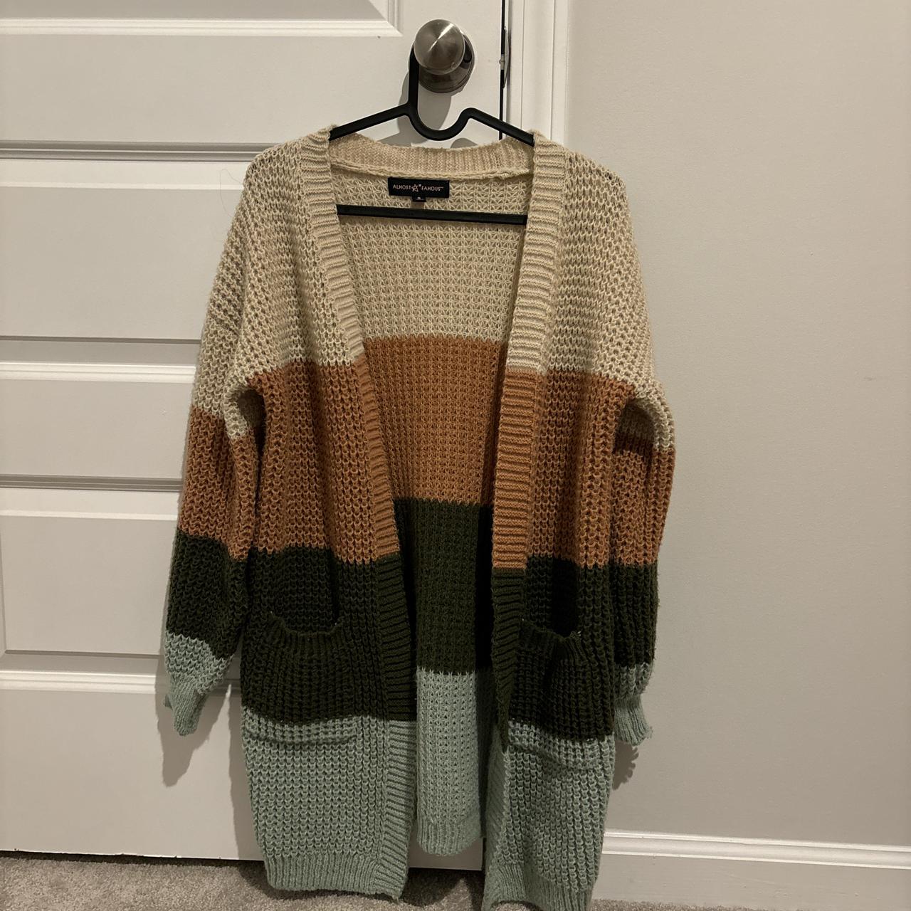 Green and brown striped open front cardigan #stripes... - Depop