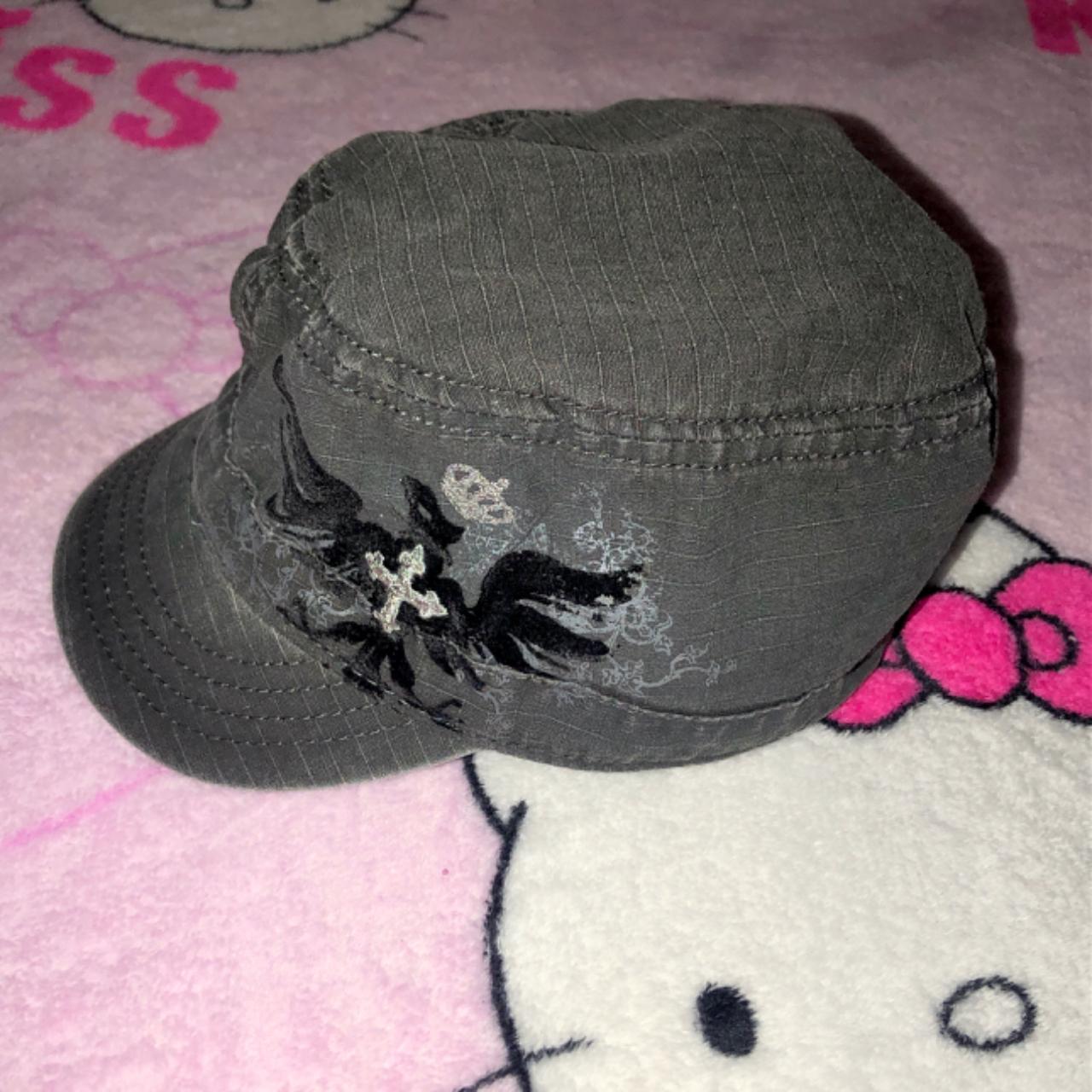 y2k emo grunge cadet hat with cross, crown and... - Depop