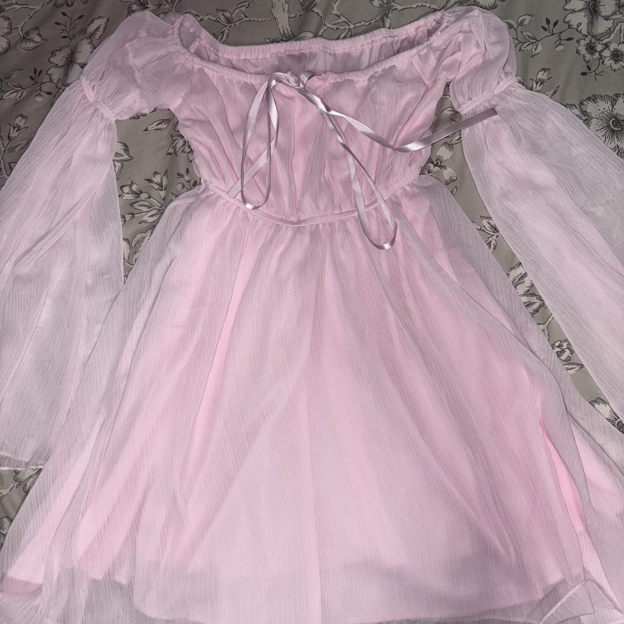 pink off the shoulder flowy dress with ribbons so... - Depop