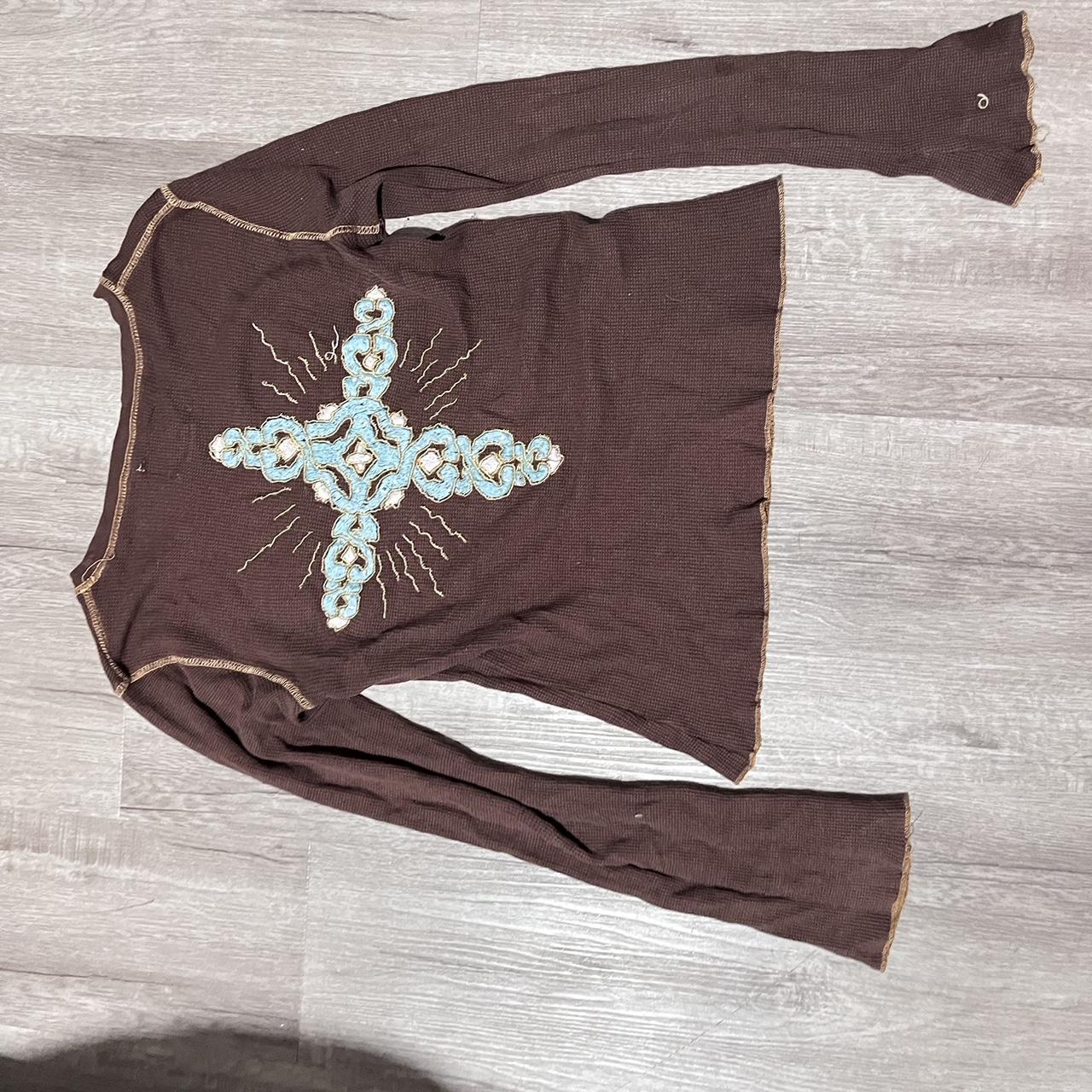 2000s long flare sleeve brown shirt with blue... - Depop