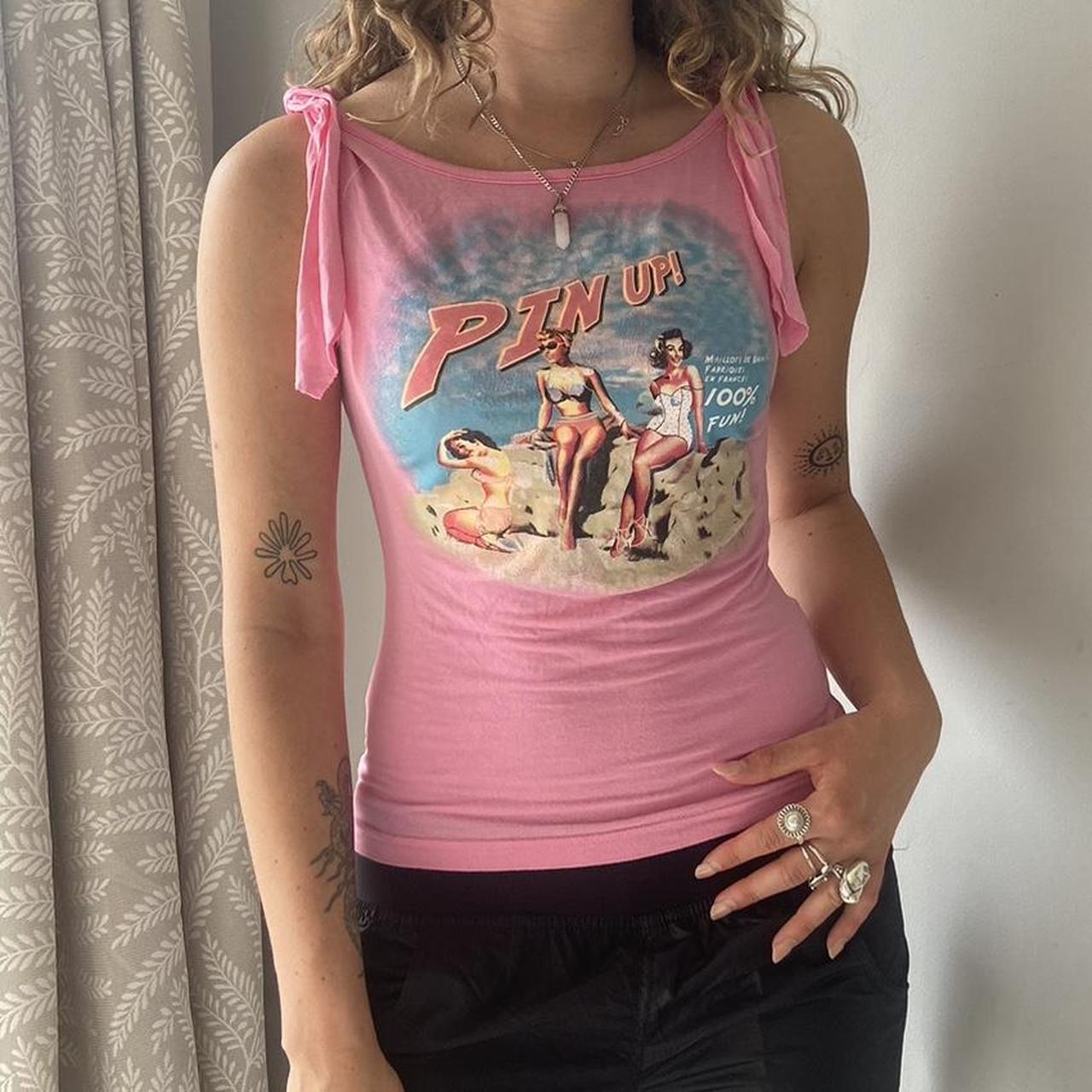 Pin up girl ! glittery graphic print top S/M,... - Depop