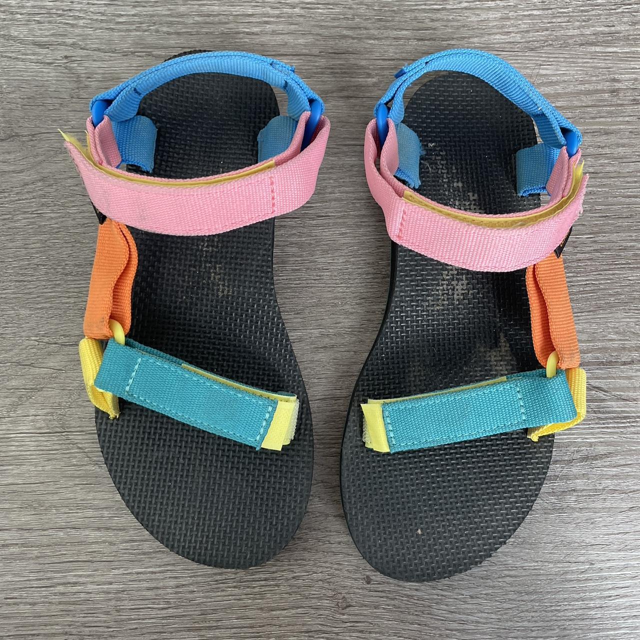 teva womens retro multi color sandals. worn. in fair... - Depop