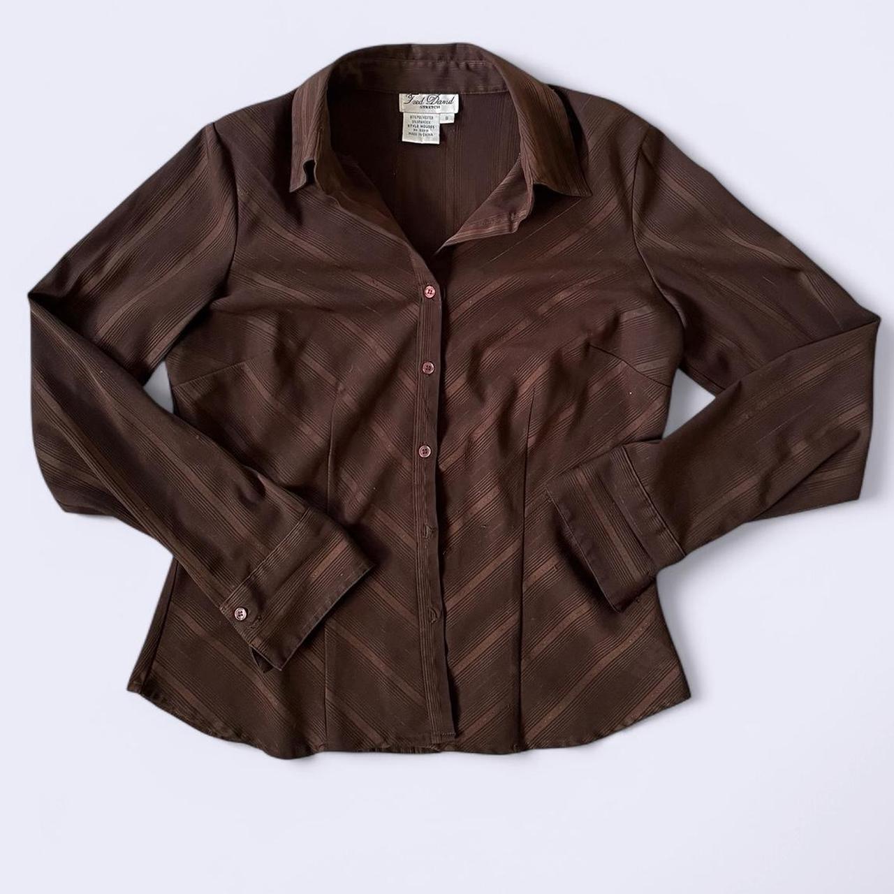 Vintage y2k office siren Brown striped button-up... | Depop