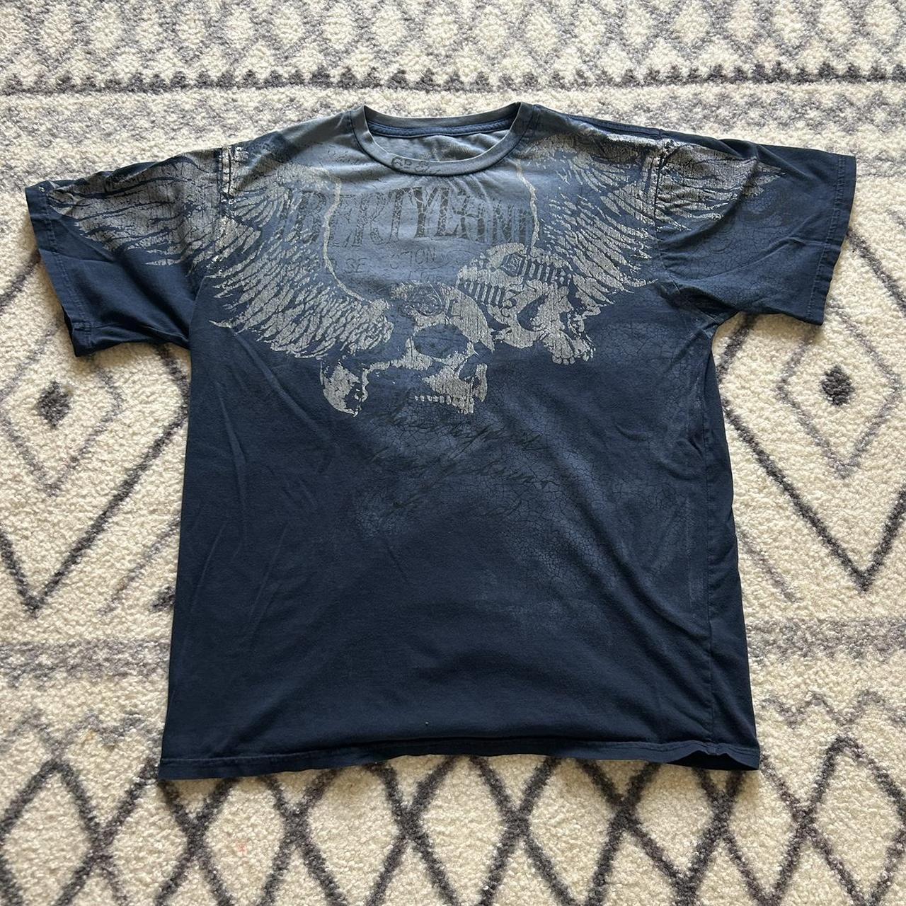Y2K Grunge Affliction style shirt with skulls and... - Depop