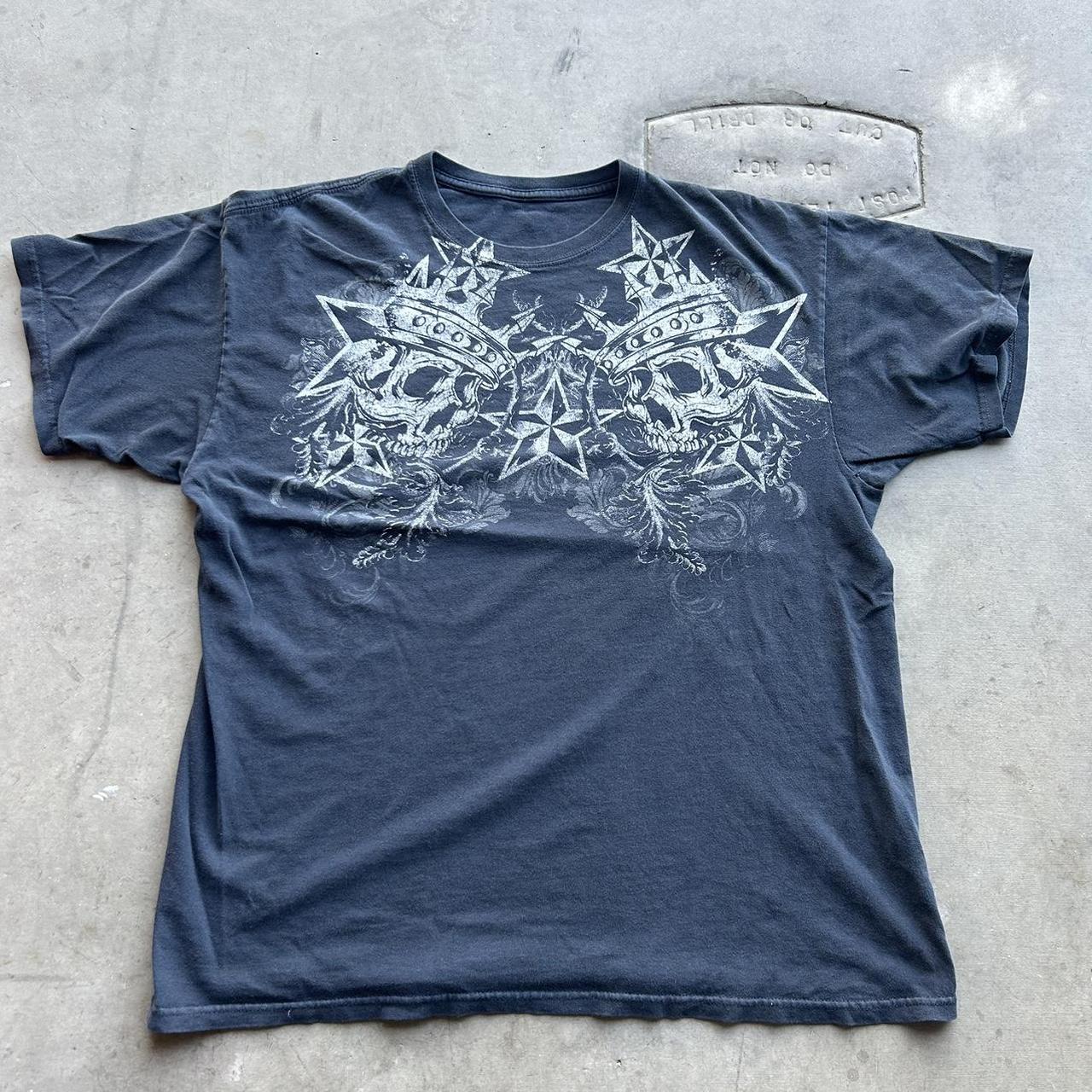 Y2K affliction grunge style shirt with skulls -size... - Depop