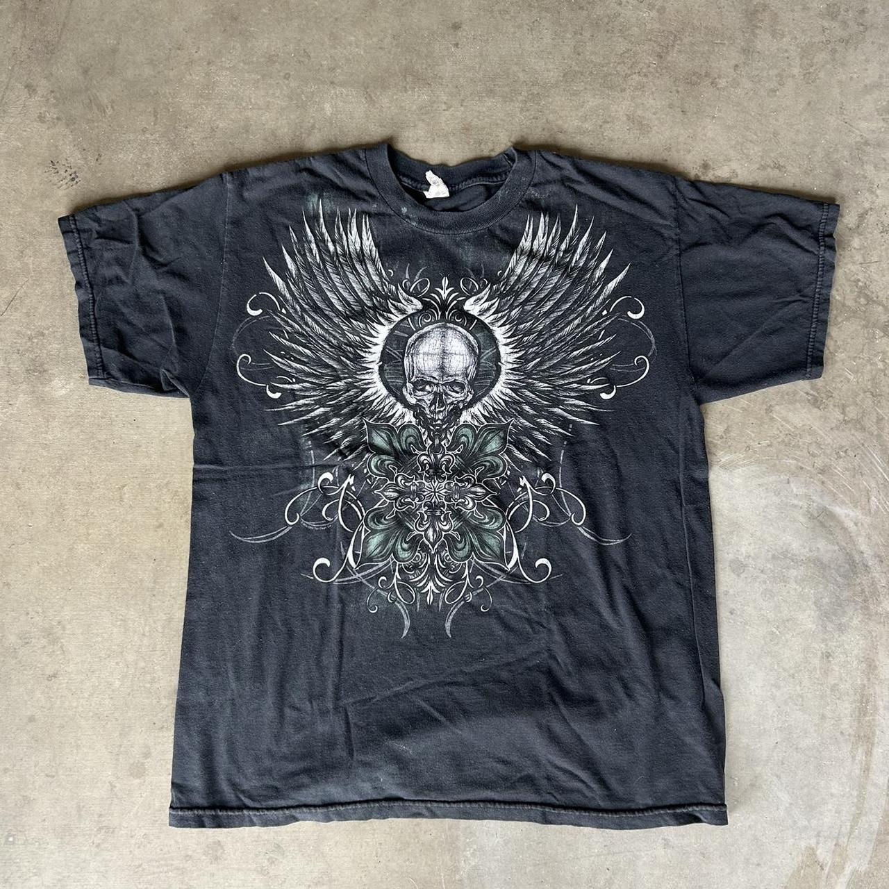 Emo grunge affliction style shirt with wings and... - Depop