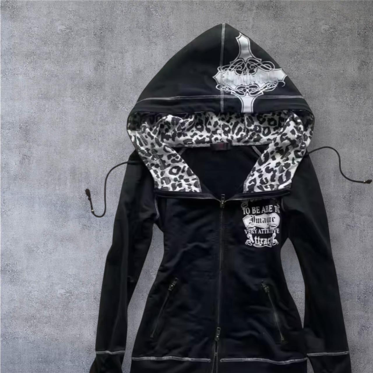 Y2k emo graphic grunge gross leopard print zip up... | Depop