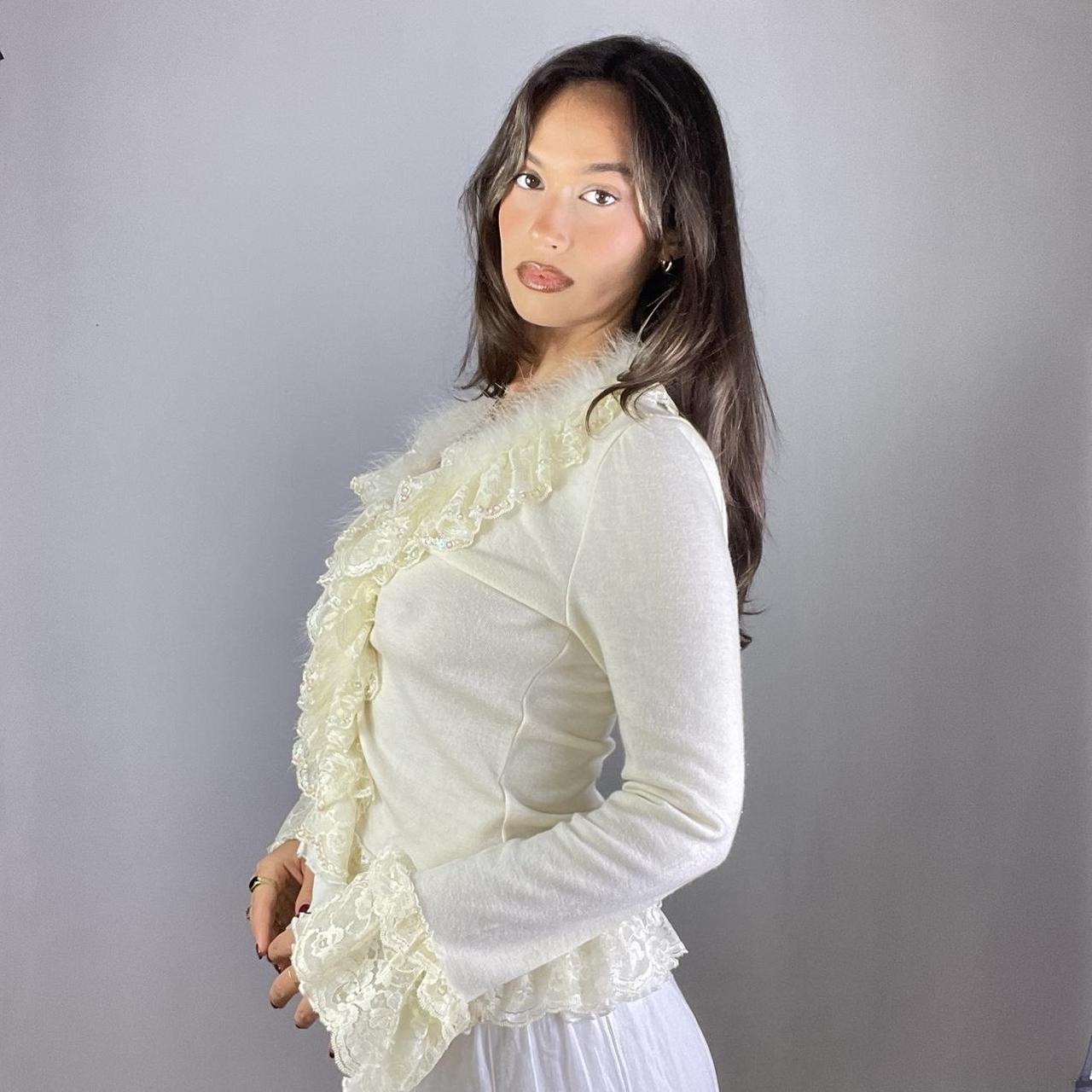 Cream cardigan with sequin lace feather... - Depop