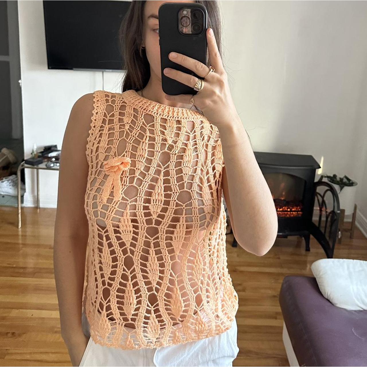 Salmon crochet tank with flower No tags Fits like a... - Depop