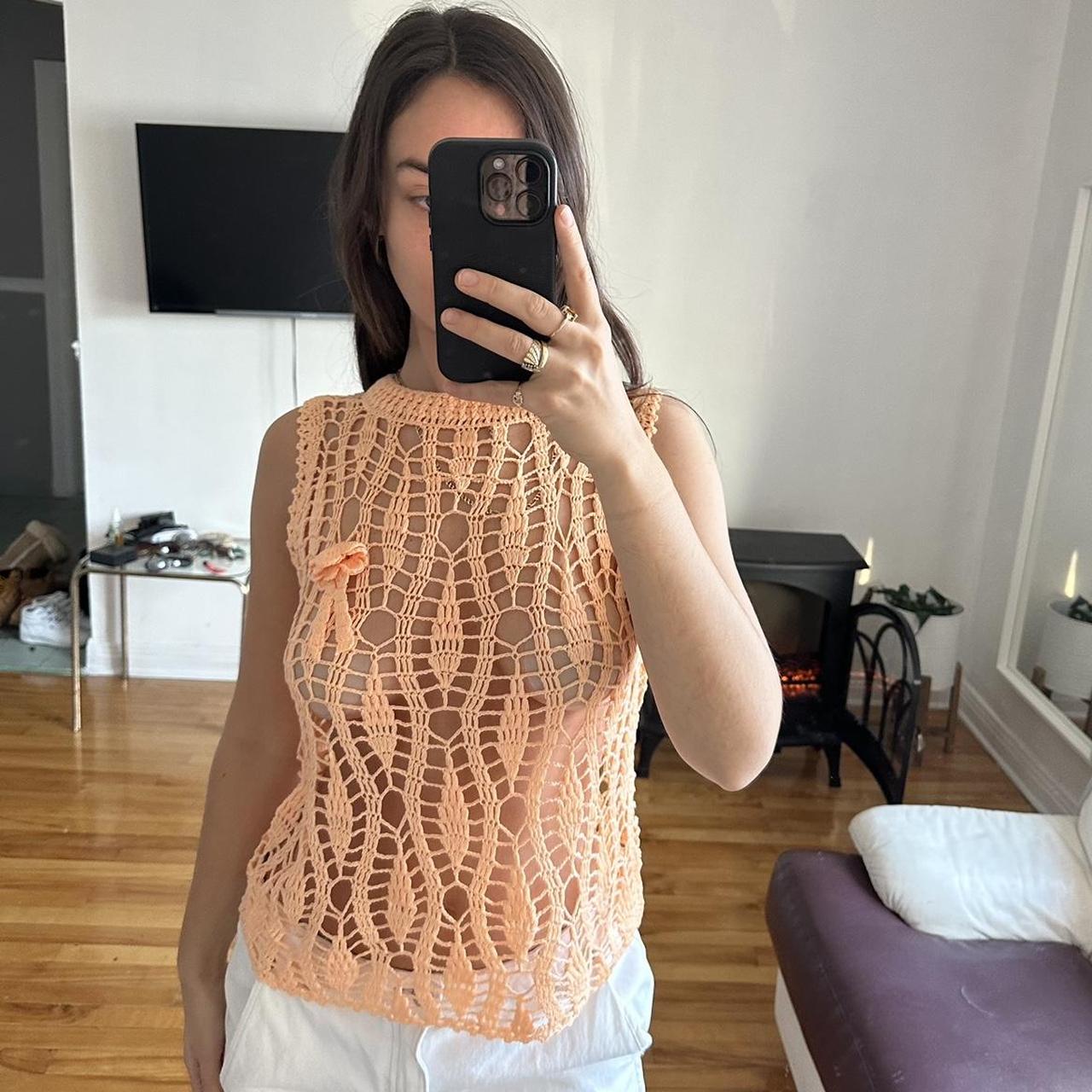 Salmon crochet tank with flower No tags Fits like a... - Depop
