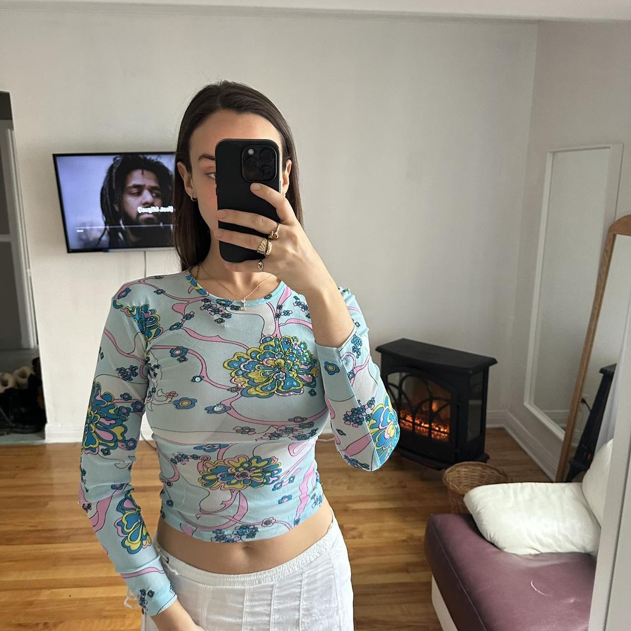 Vintage printed long sleeve mesh top with sequins By... - Depop