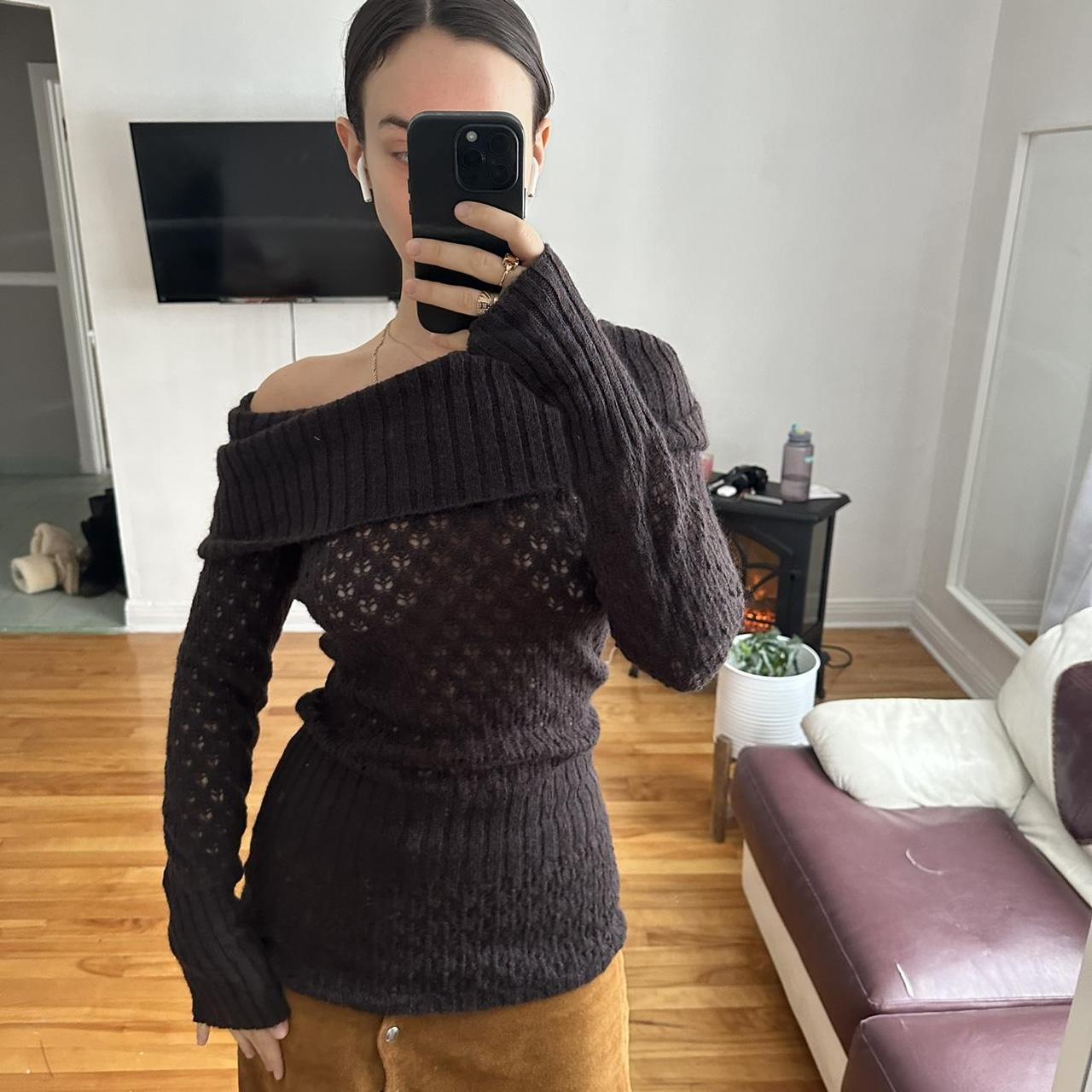 Vintage long brown off the shoulder mohair knit By... - Depop