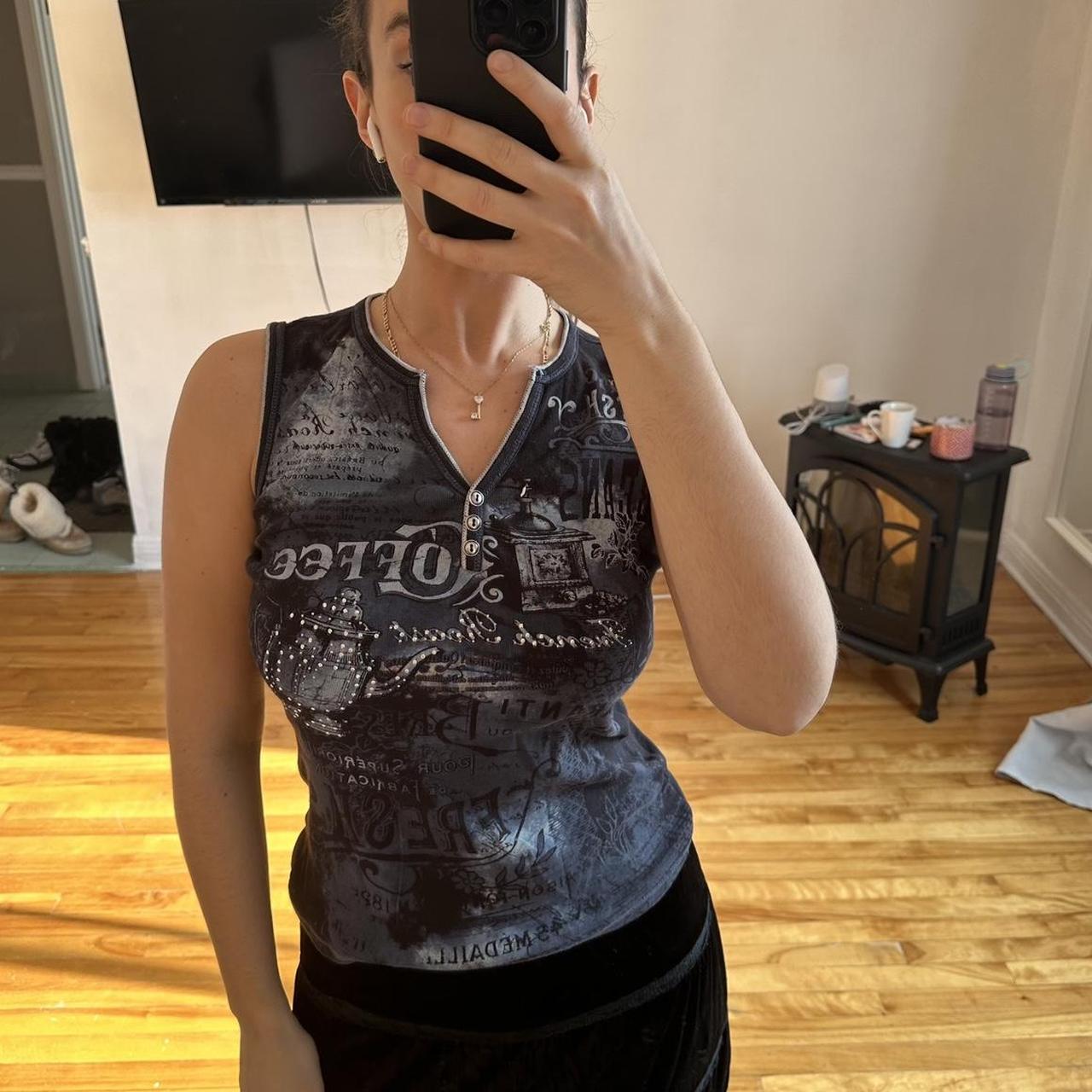 Vintage navy printed tank with buttons By Blue... - Depop