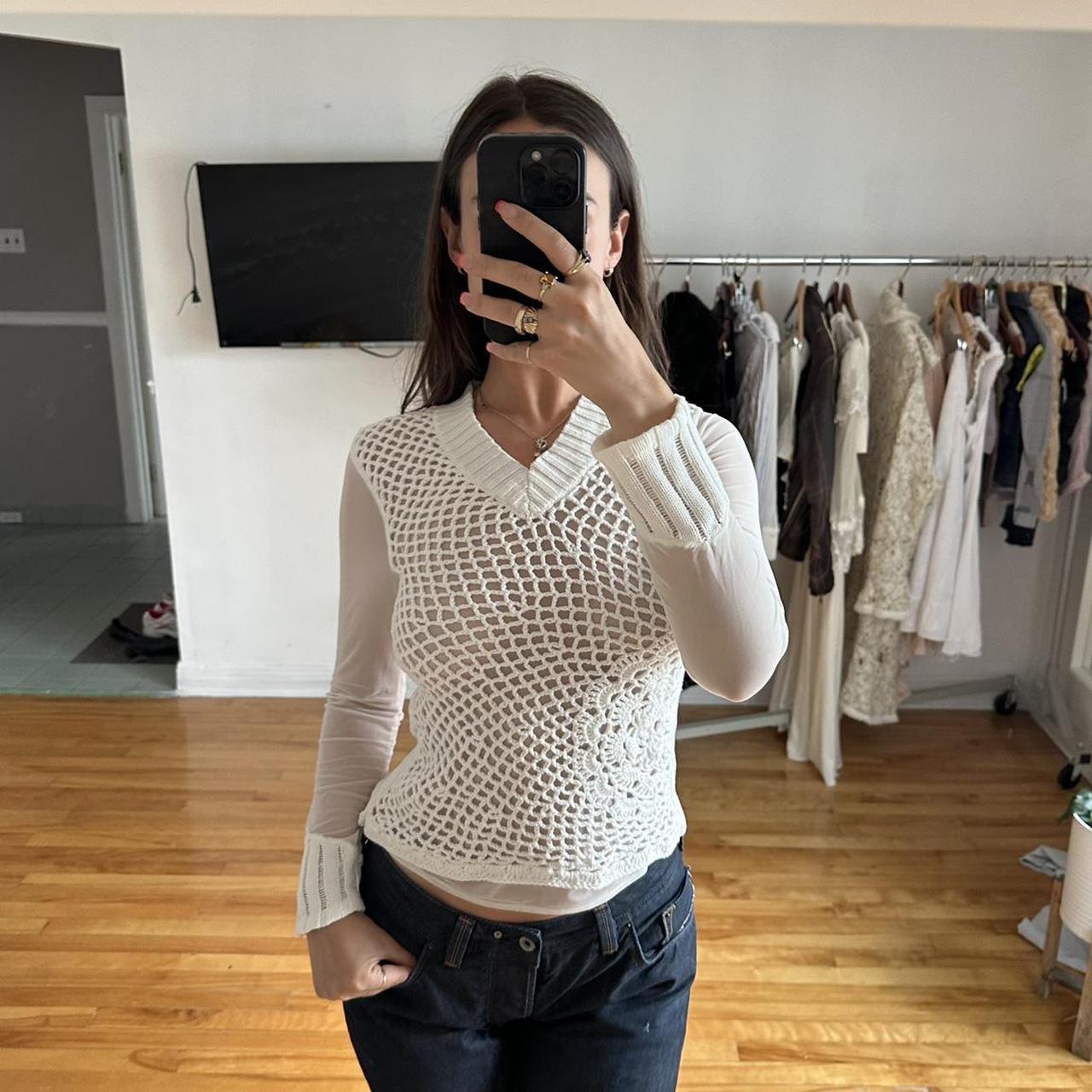 Vintage white crochet mesh long sleeve Point Zero by... - Depop