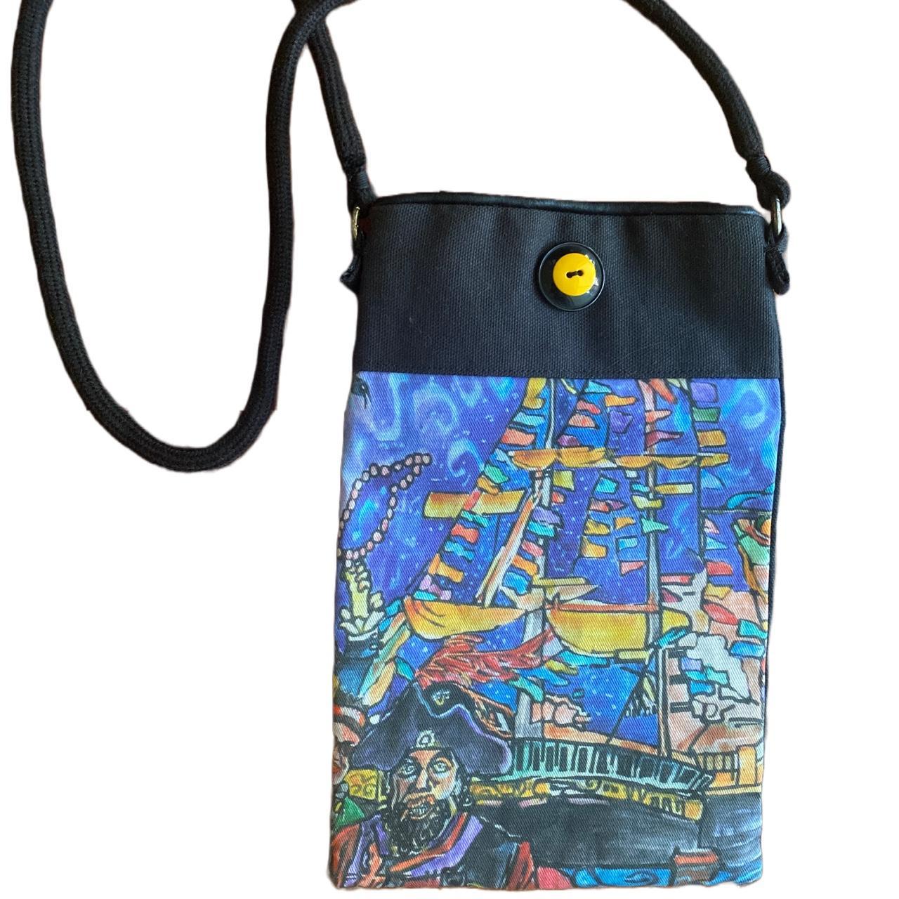 pirate purse with vivid bright print and cute yellow... - Depop