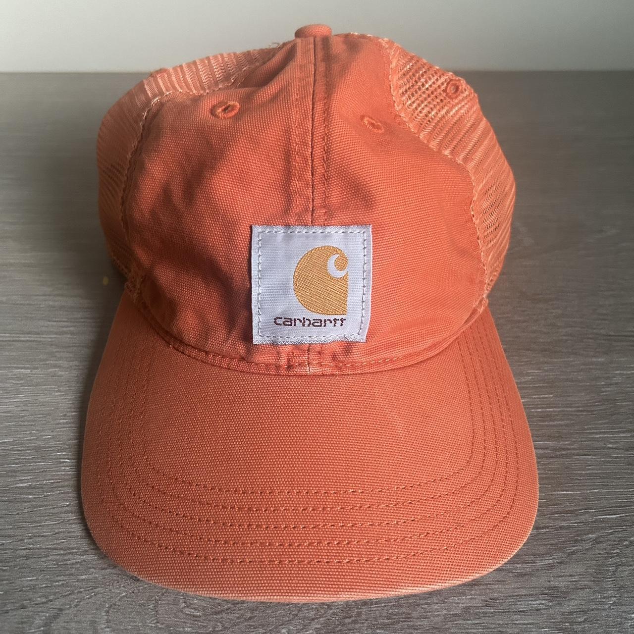adjustable orange carhartt snapback mesh canvas... - Depop