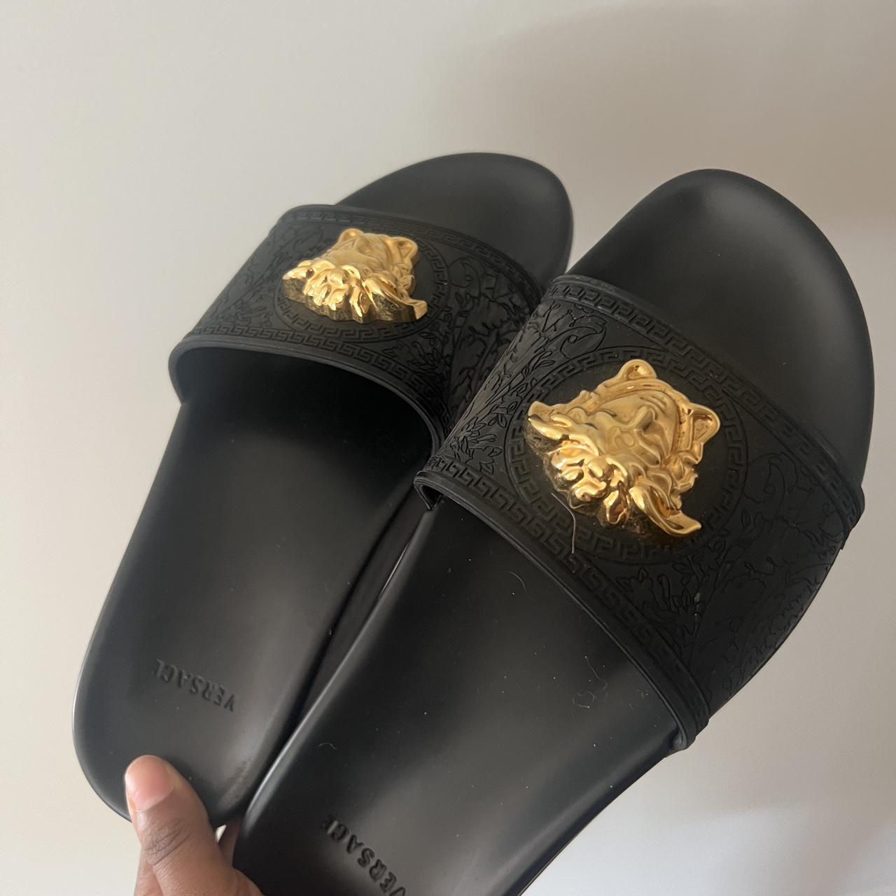 Black Versace Slides - Size 9 - worn lightly -... - Depop