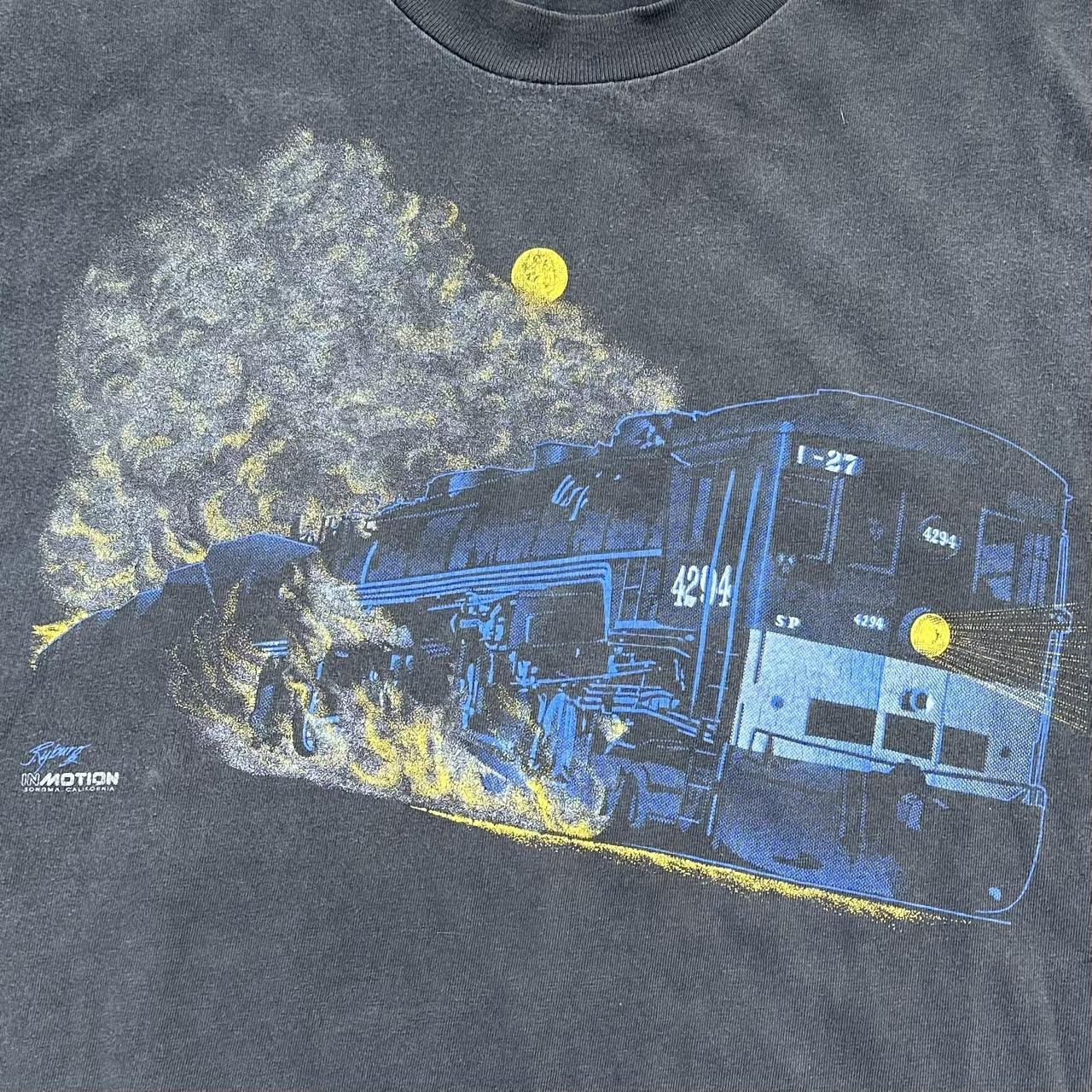 1990s 90s distressed and sun faded train tee -... - Depop