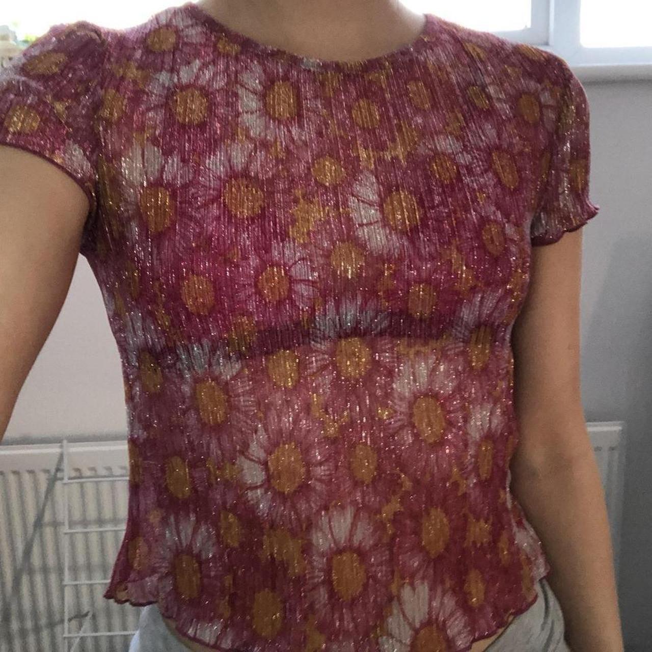 🌸TOPSHOP sparkly pink floral mesh top with lettuce... | Depop