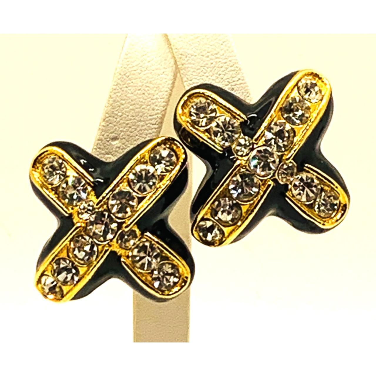 BLANCA Earrings Clip X Rhinestone Enamel Vintage... - Depop