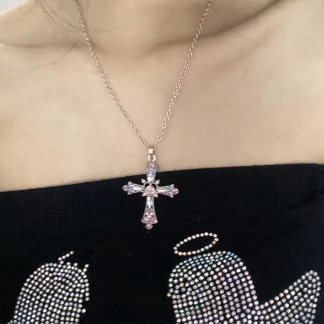 Silver pink and purple cross necklace No PayPal... - Depop