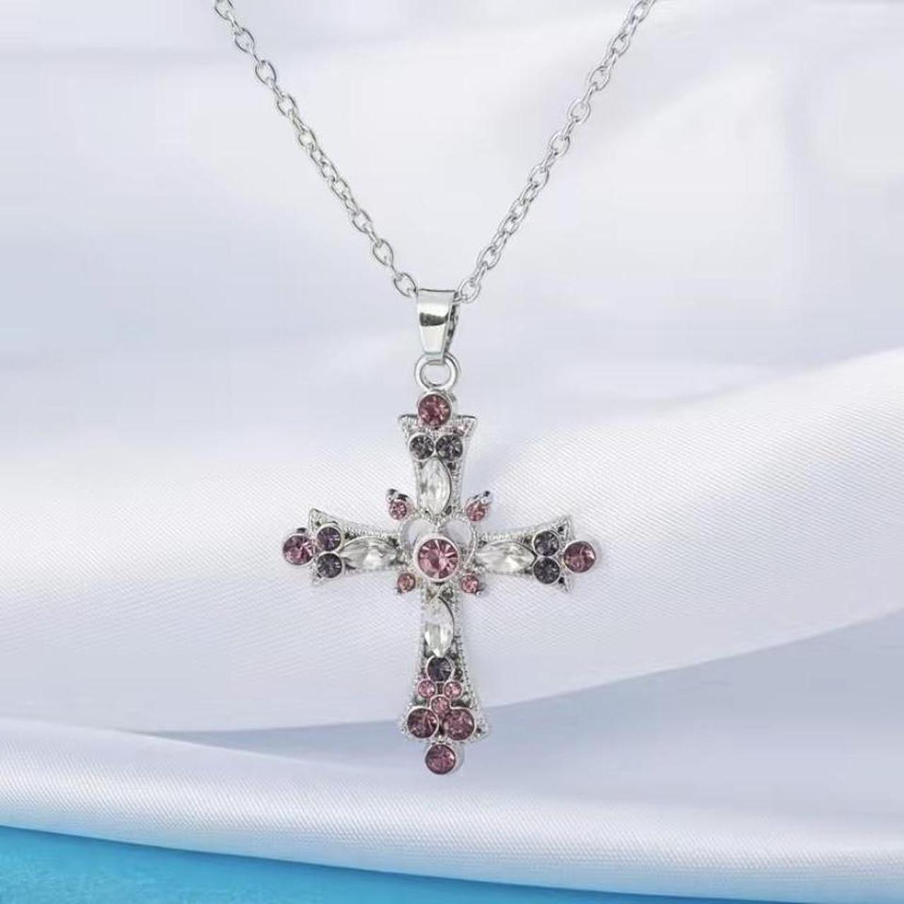 Silver pink and purple cross necklace No PayPal... - Depop