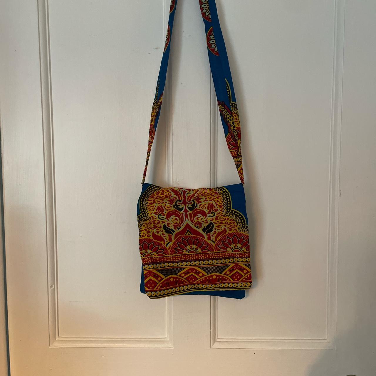 Unique side/crossbody bag, in colourful fabric... - Depop