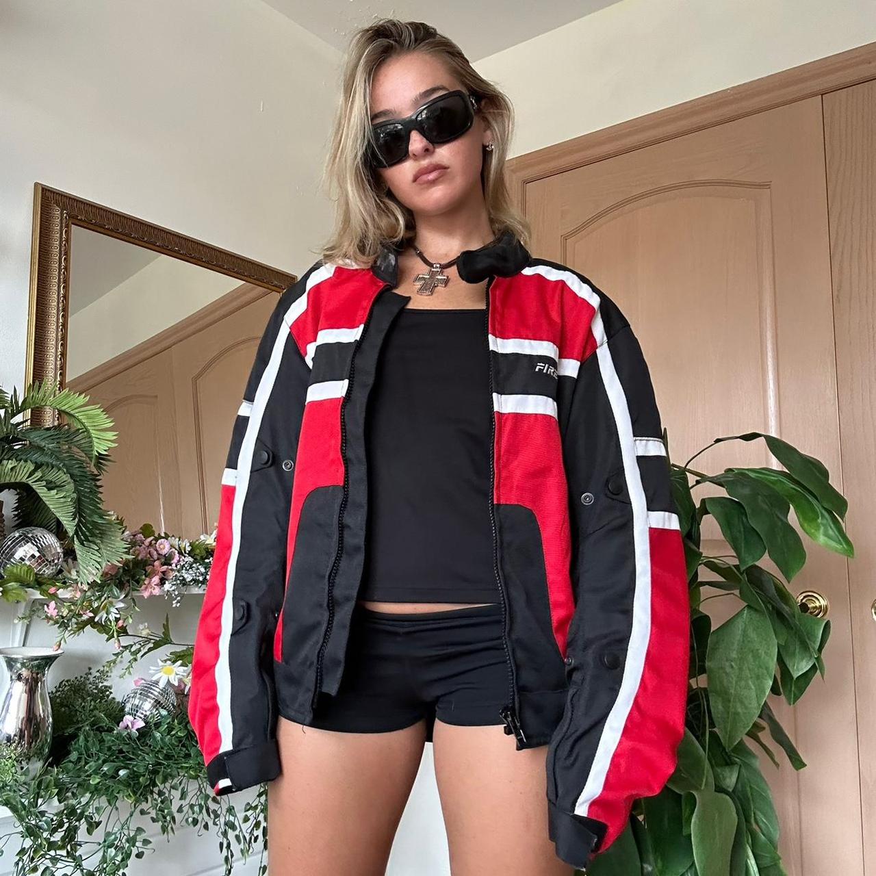 Oversized red & black moto jacket Brand: Firefox... - Depop