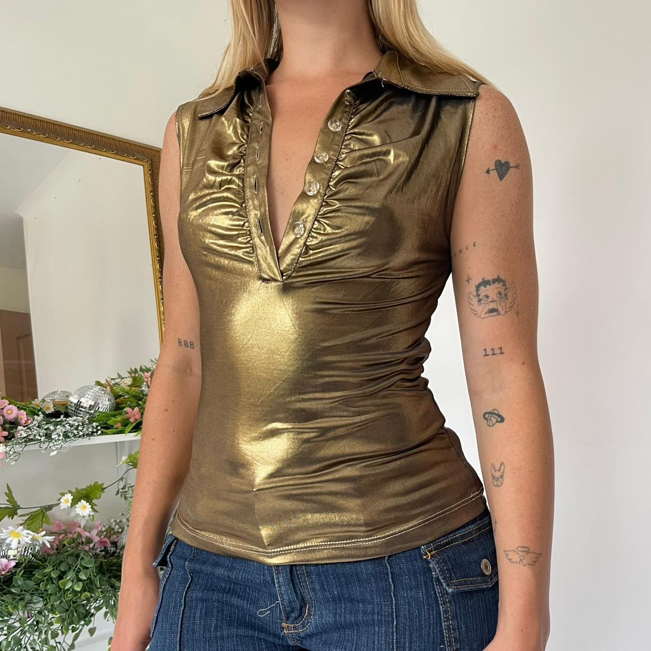 Y2k gold metallic vested top ruched sleeveless top... - Depop