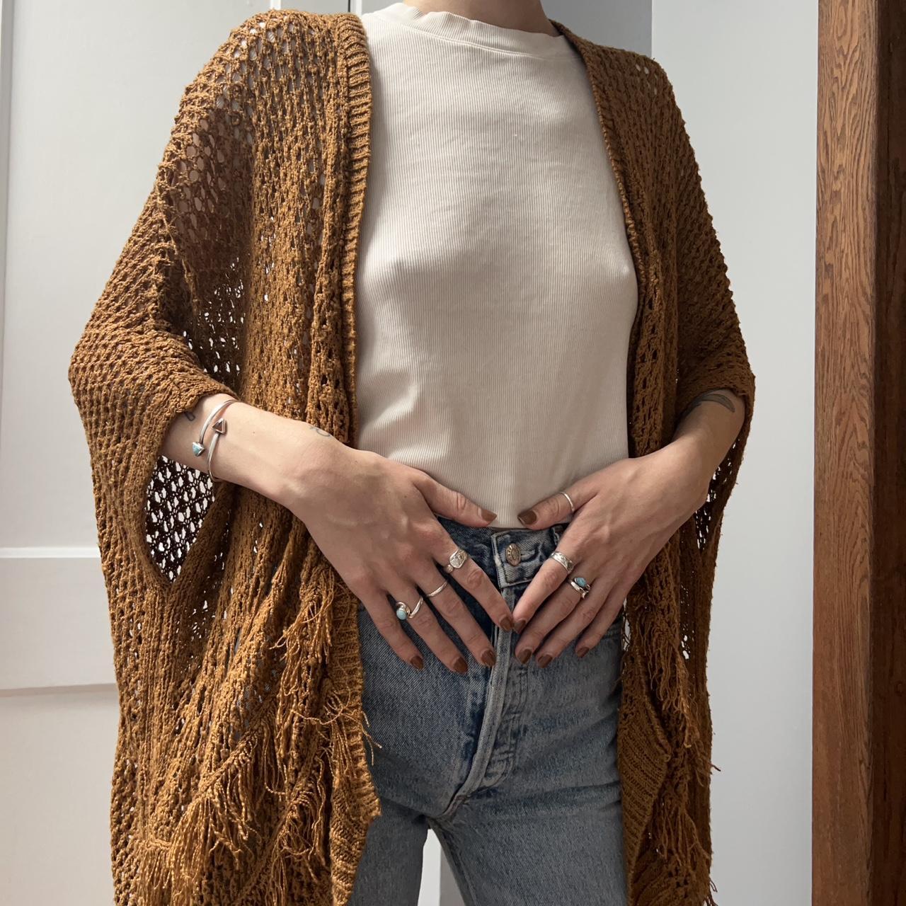 Brown crochet cardigan with fringe detail, great for... - Depop