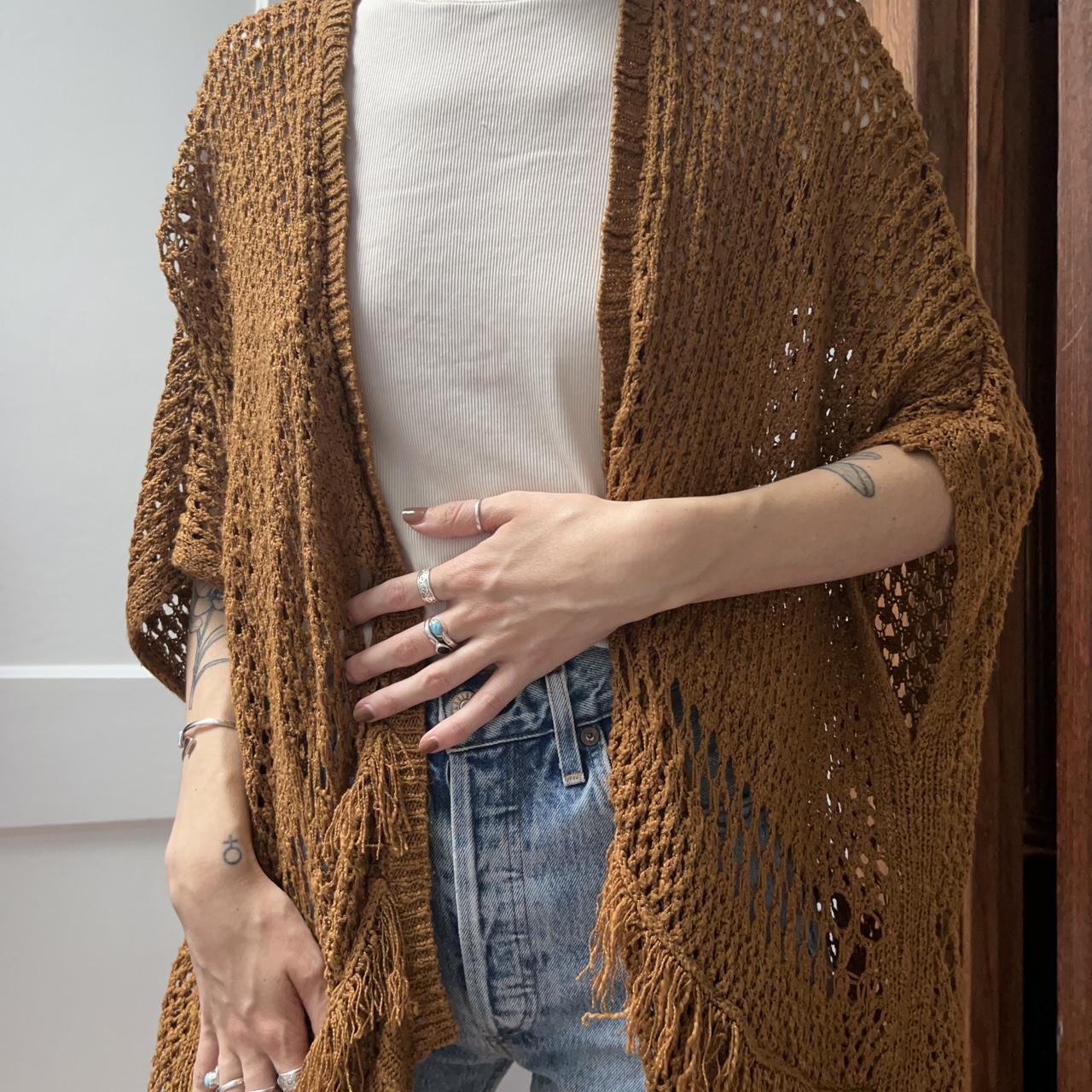 Brown crochet cardigan with fringe detail, great for... - Depop