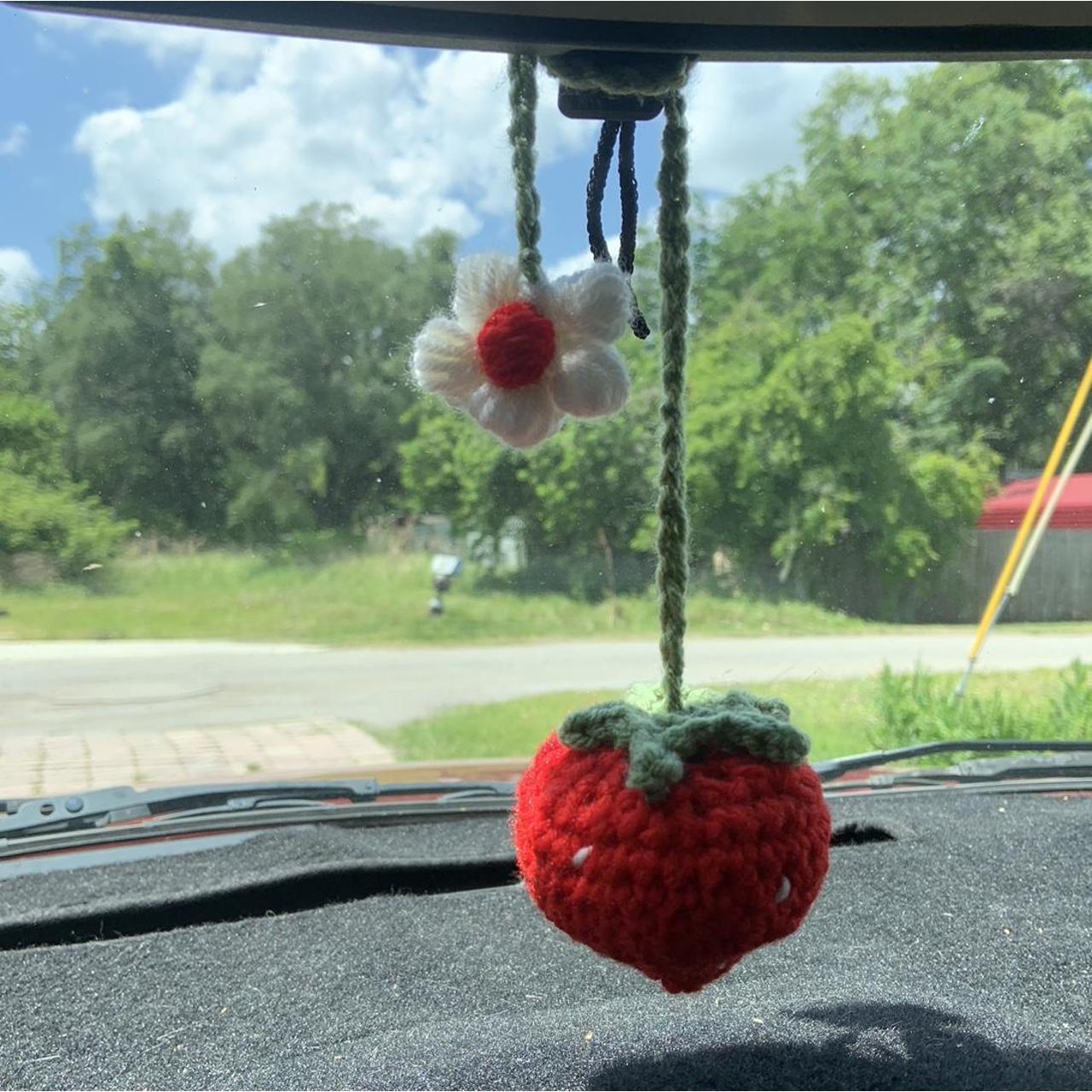 Strawberry & flower crochet rear view mirror... - Depop