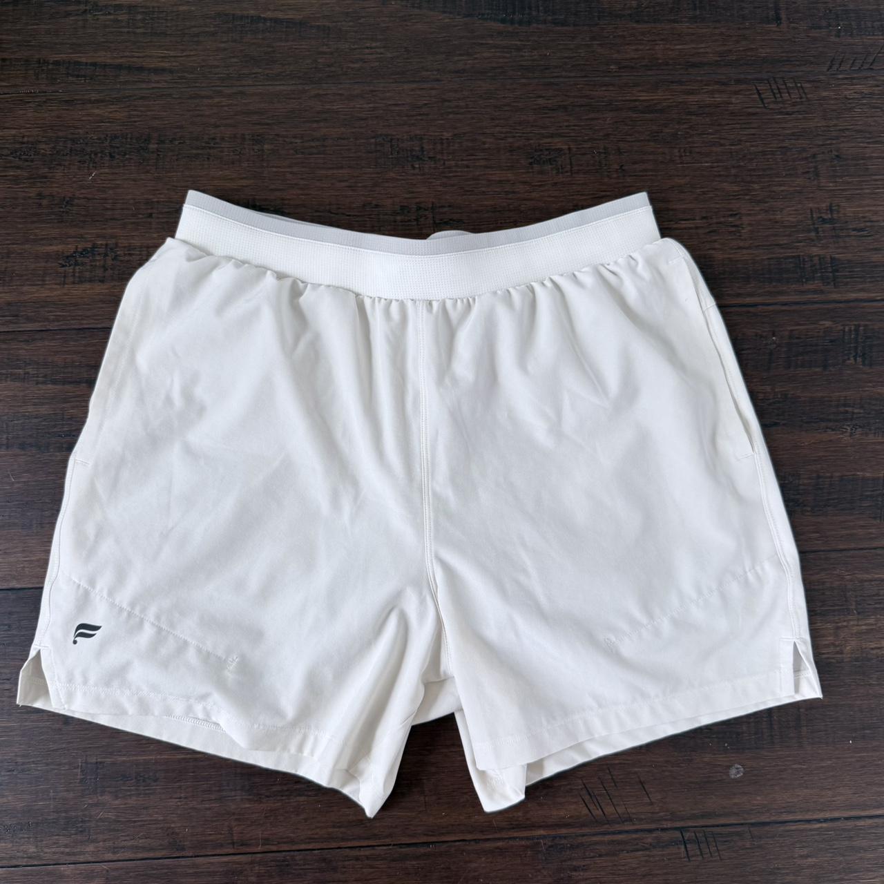 White/Cream Lined Fabletics Shorts 5inch inseam Size... | Depop