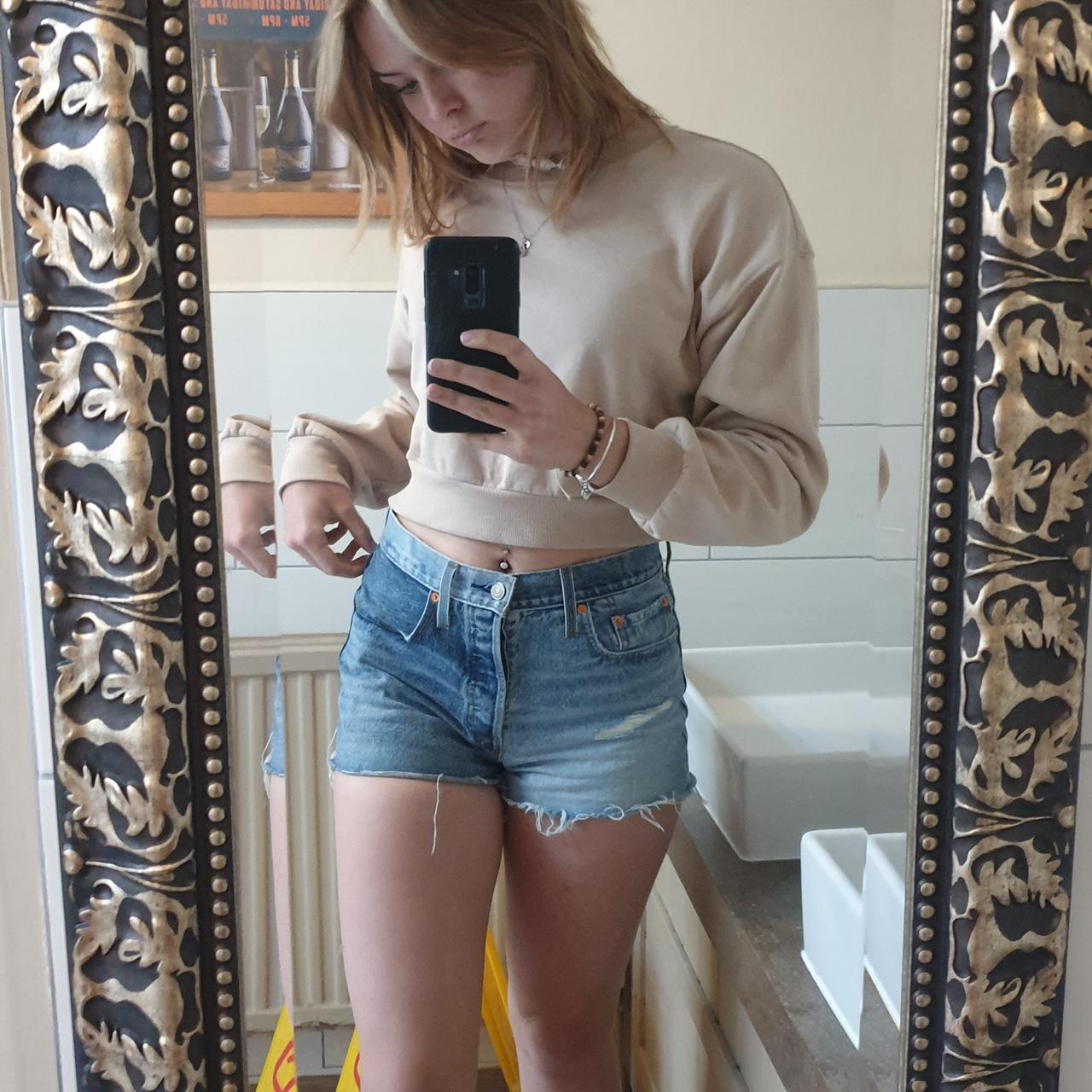 levi’s split denim 501 denim shorts waist 26... - Depop