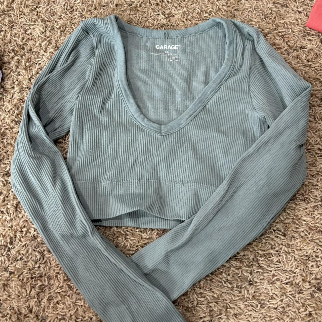 Garage - Long sleeve v neck blue cropped shirt - Depop