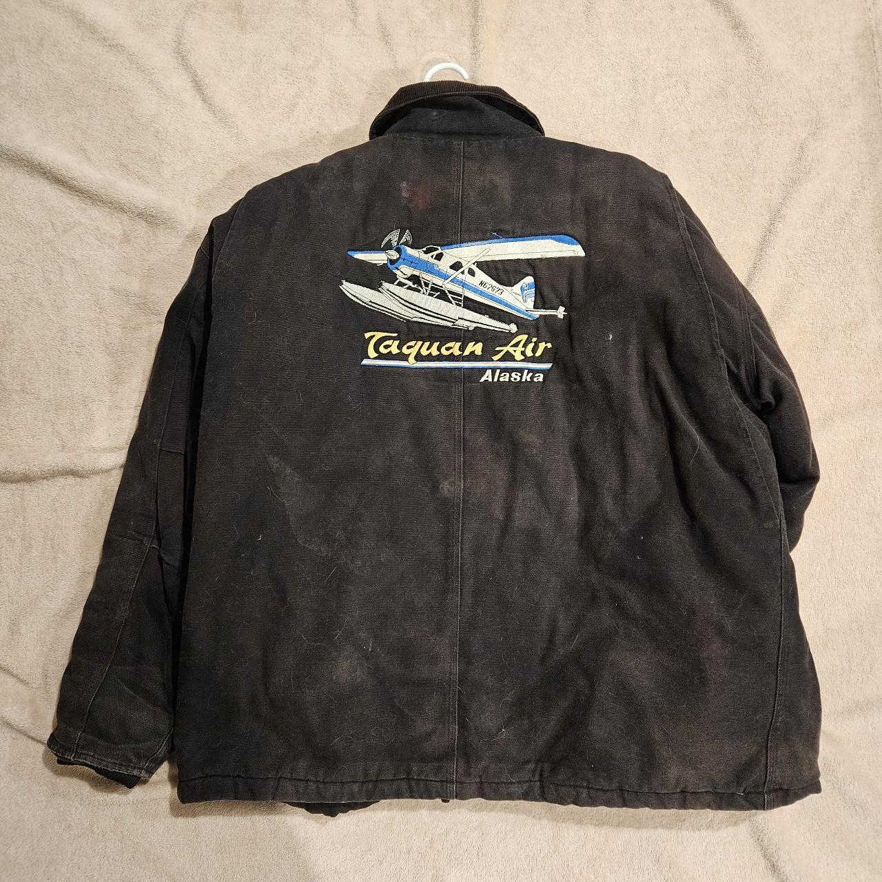 black canvas work jacket with large back embroidery... - Depop