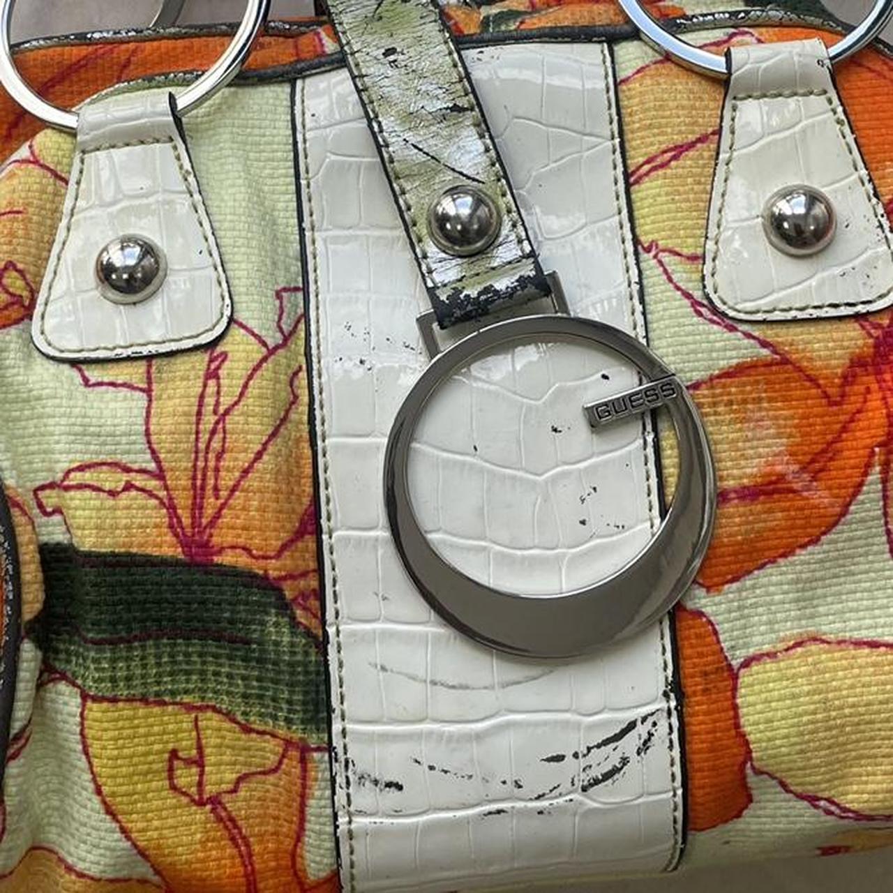 GUESS orange and green floral design bag with silver... - Depop