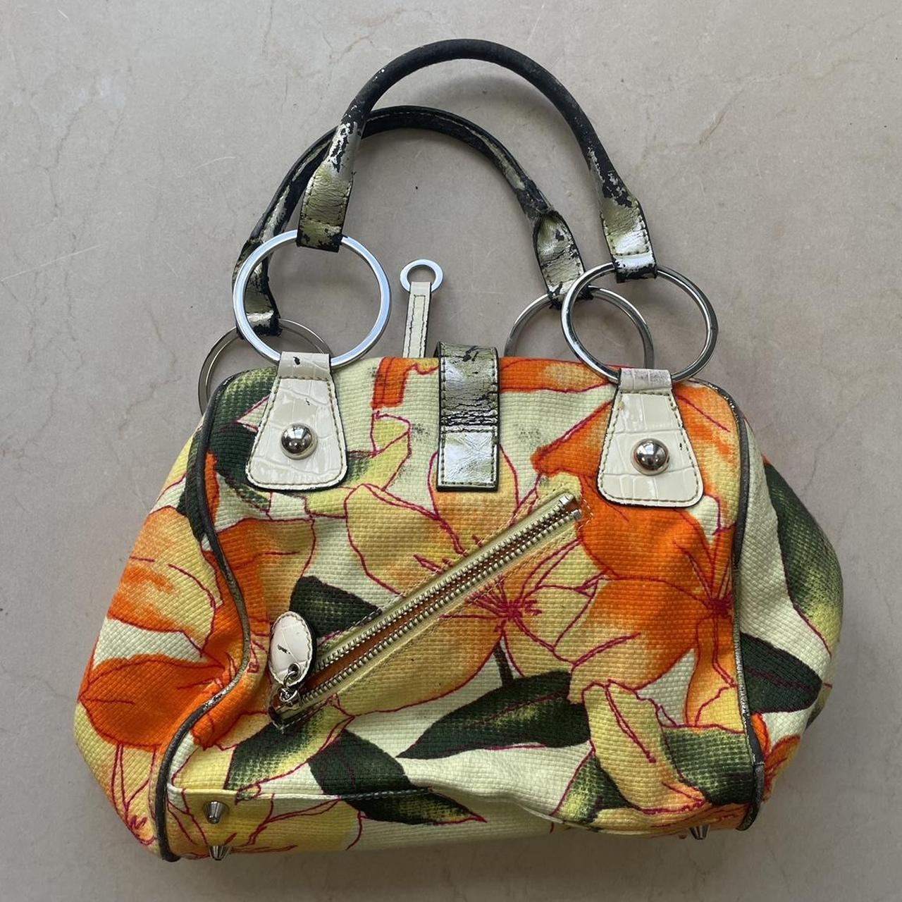 GUESS orange and green floral design bag with silver... - Depop