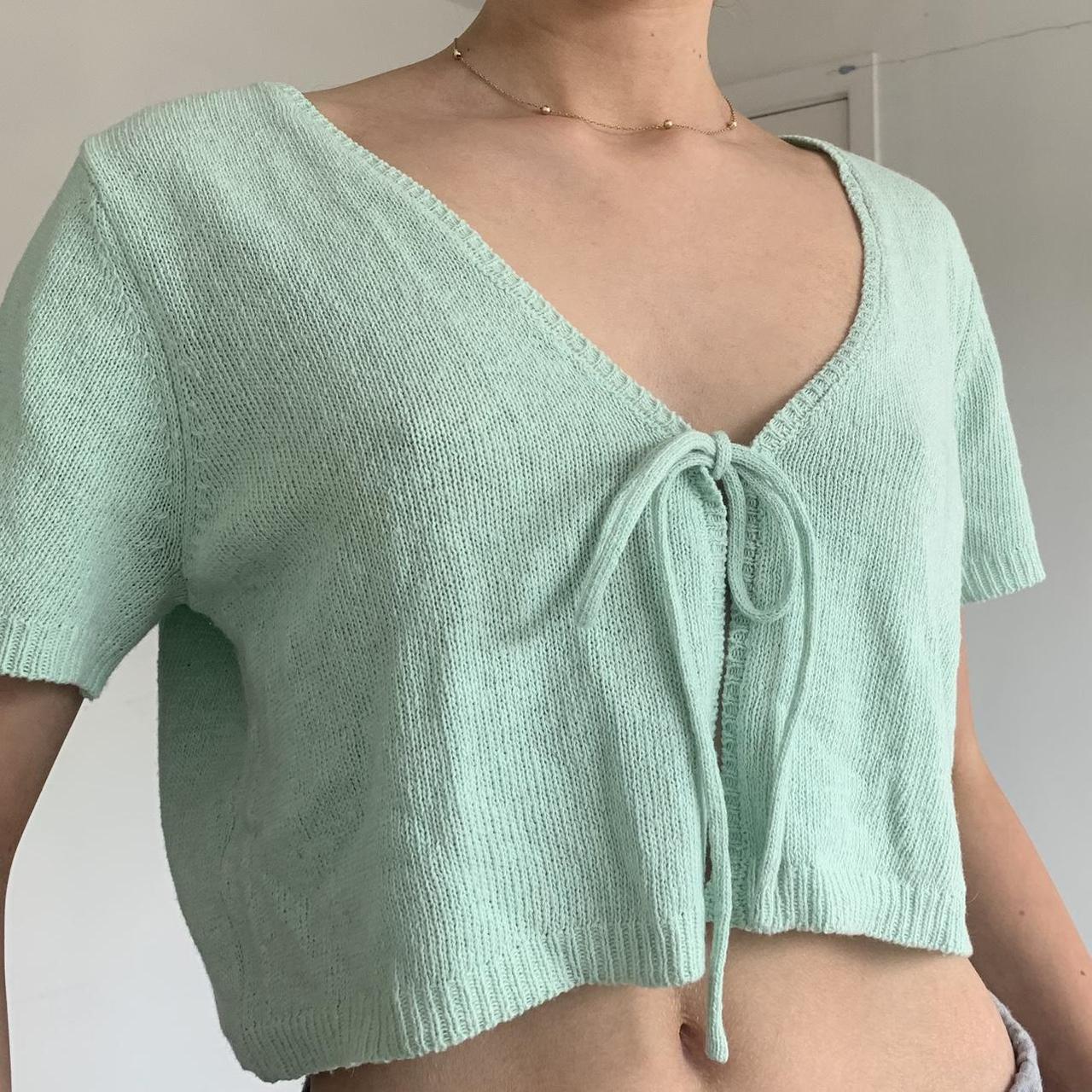 sage green cropped knitted cardigan - size small,... - Depop
