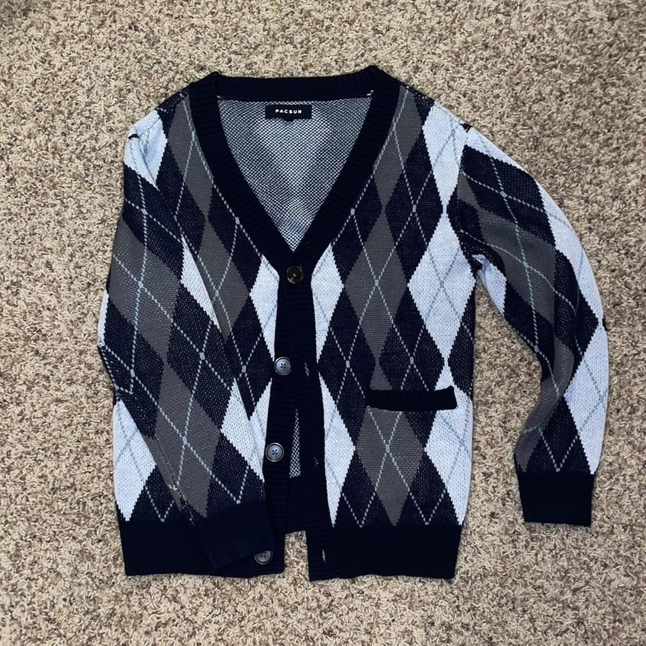 BLACK AND WHITE ARGYLE CARDIGAN PACSUN M FITS A TAD... - Depop