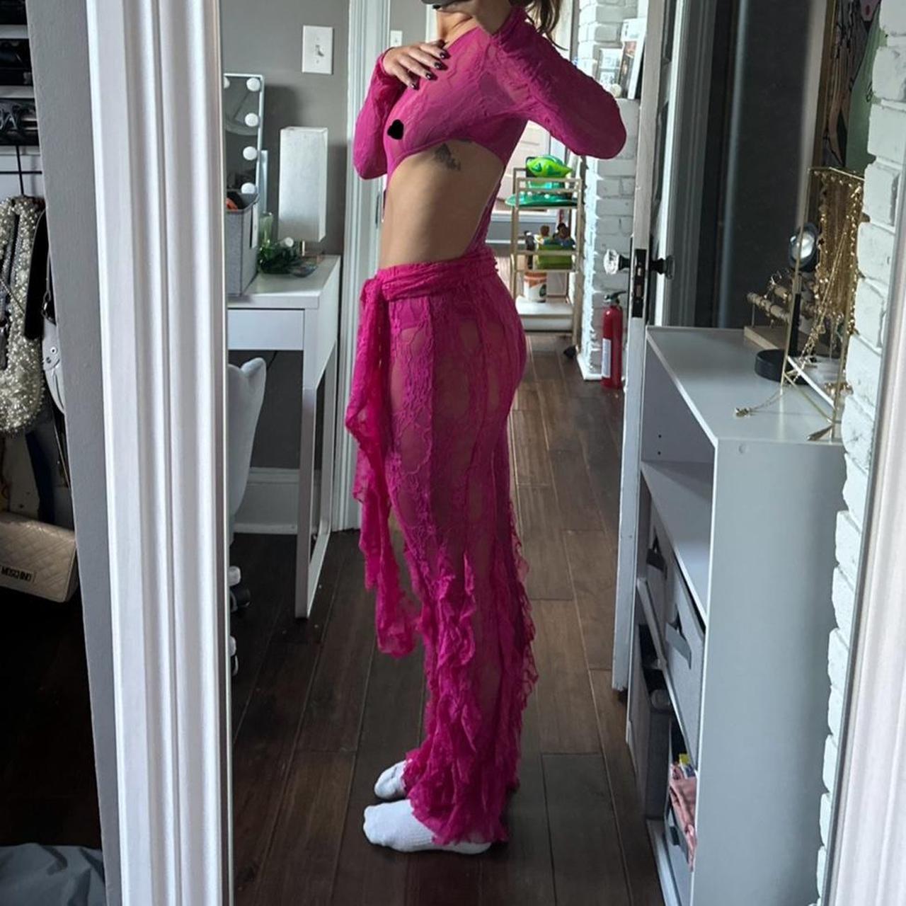 Pink/mauve lace rave outfit Lace pink bodysuit long... - Depop