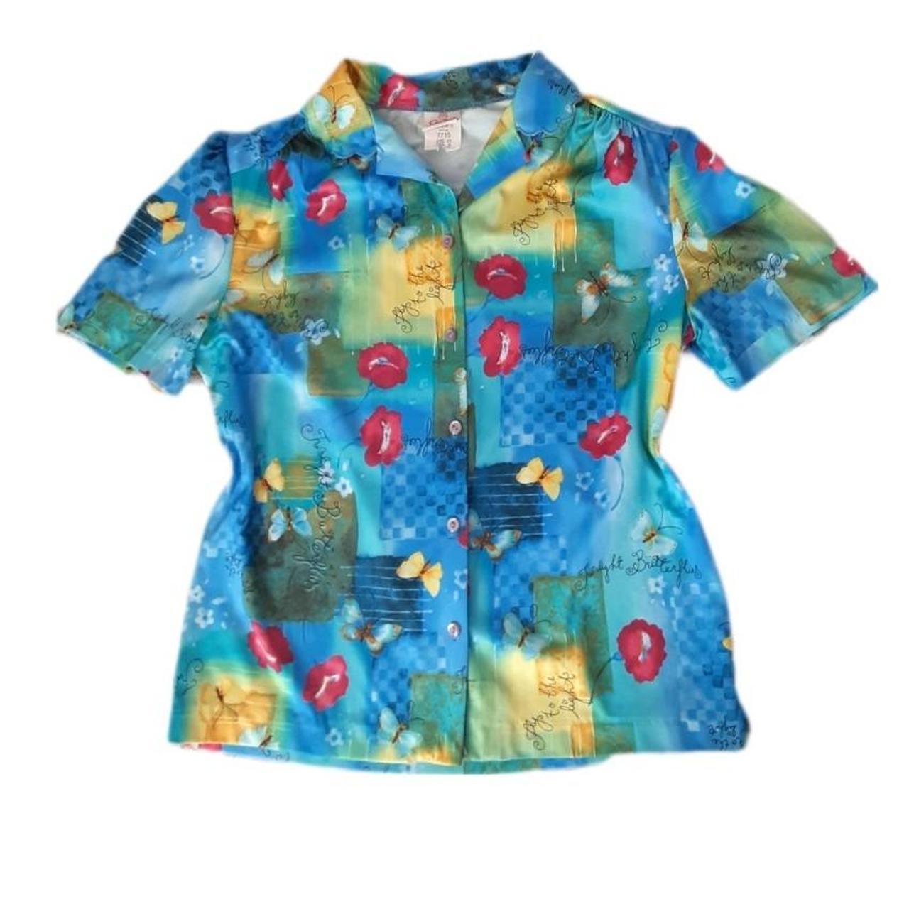 Vintage 80s button up top colorful floral/ poppies... - Depop