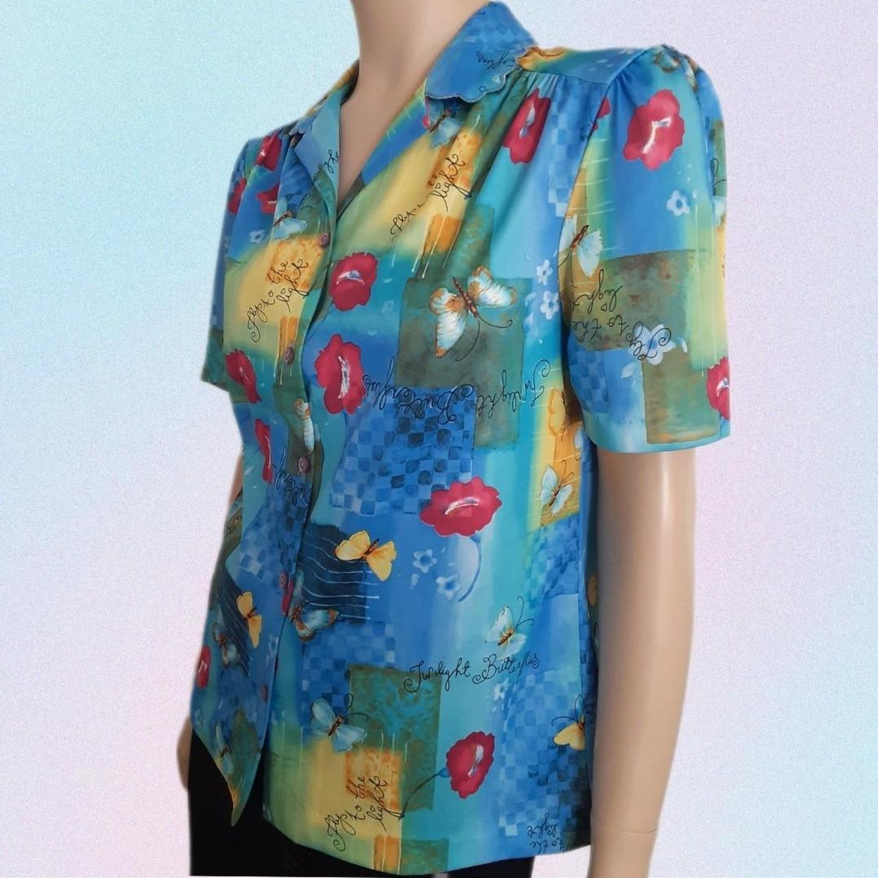Vintage 80s button up top colorful floral/ poppies... - Depop