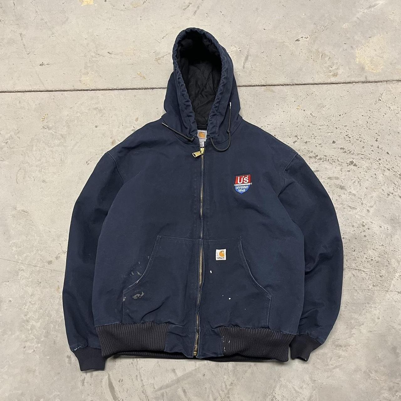 vintage 90’s navy blue carhartt hooded workwear... - Depop