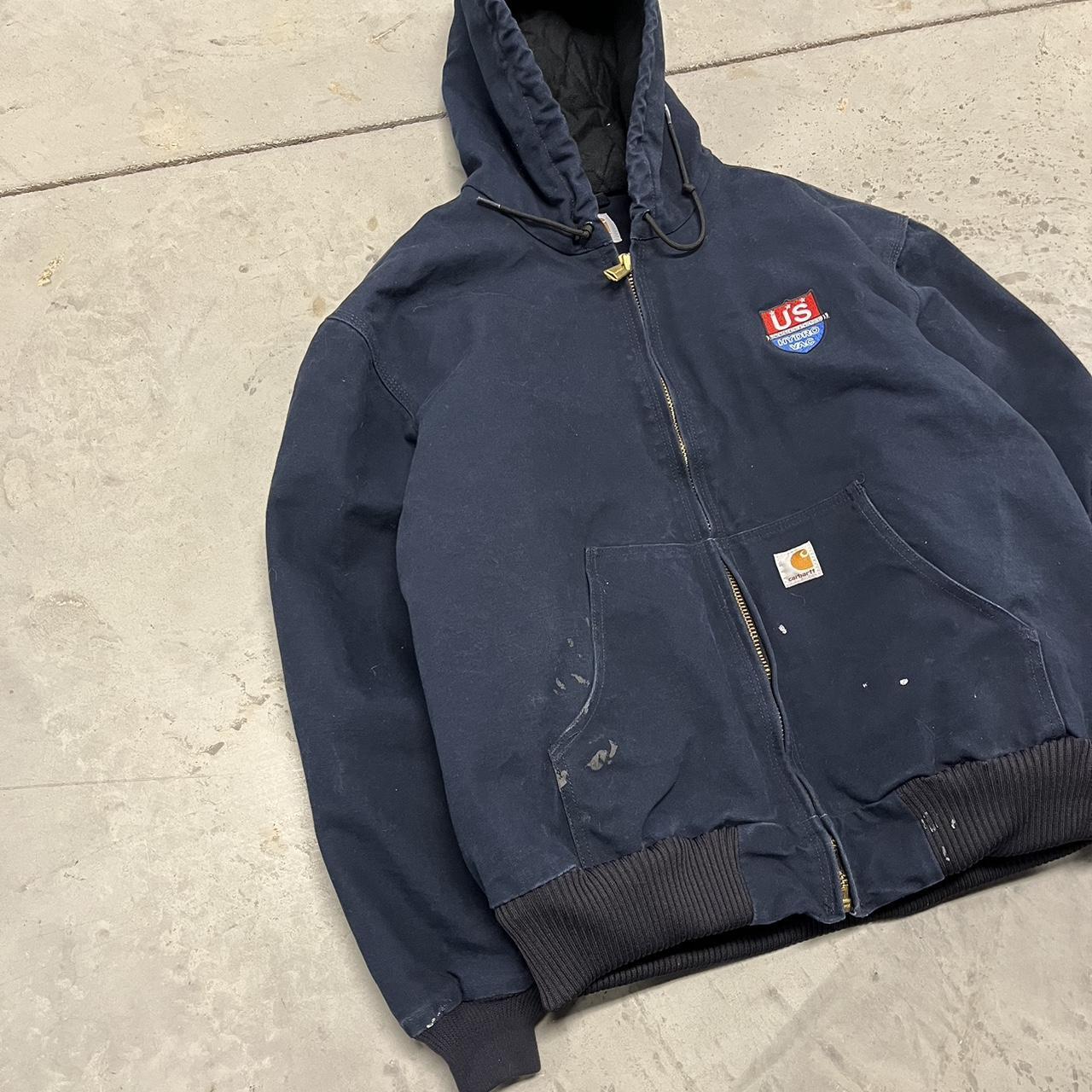 vintage 90’s navy blue carhartt hooded workwear... - Depop