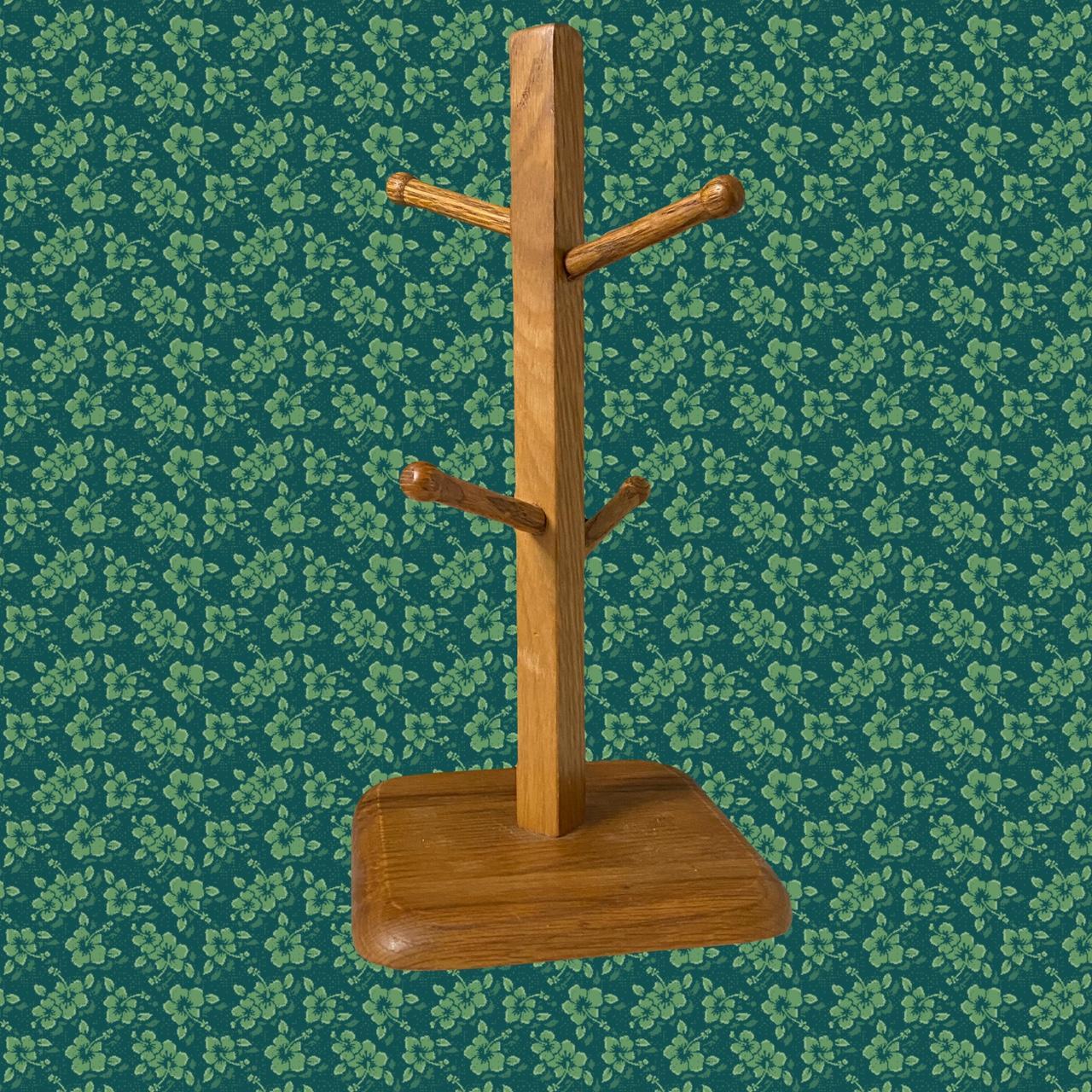 VINTAGE WOODEN MUG TREE RACK!! 14” tall, 4 pegs,... - Depop