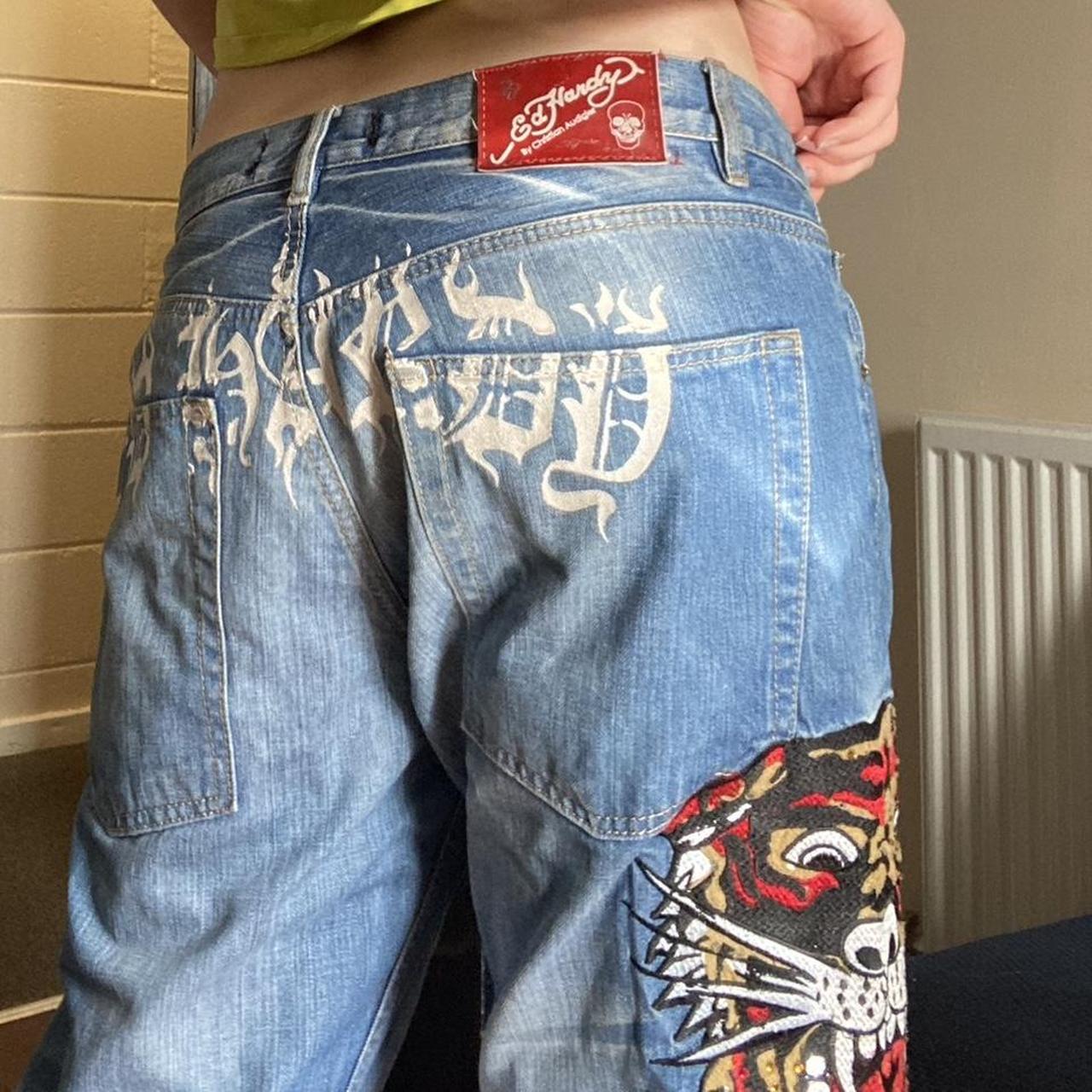 Ed hardy jeans embroider lion patch with white... - Depop