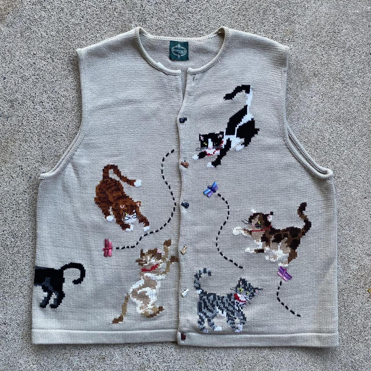 Vintage 90s all over cats pattern button up knit... - Depop